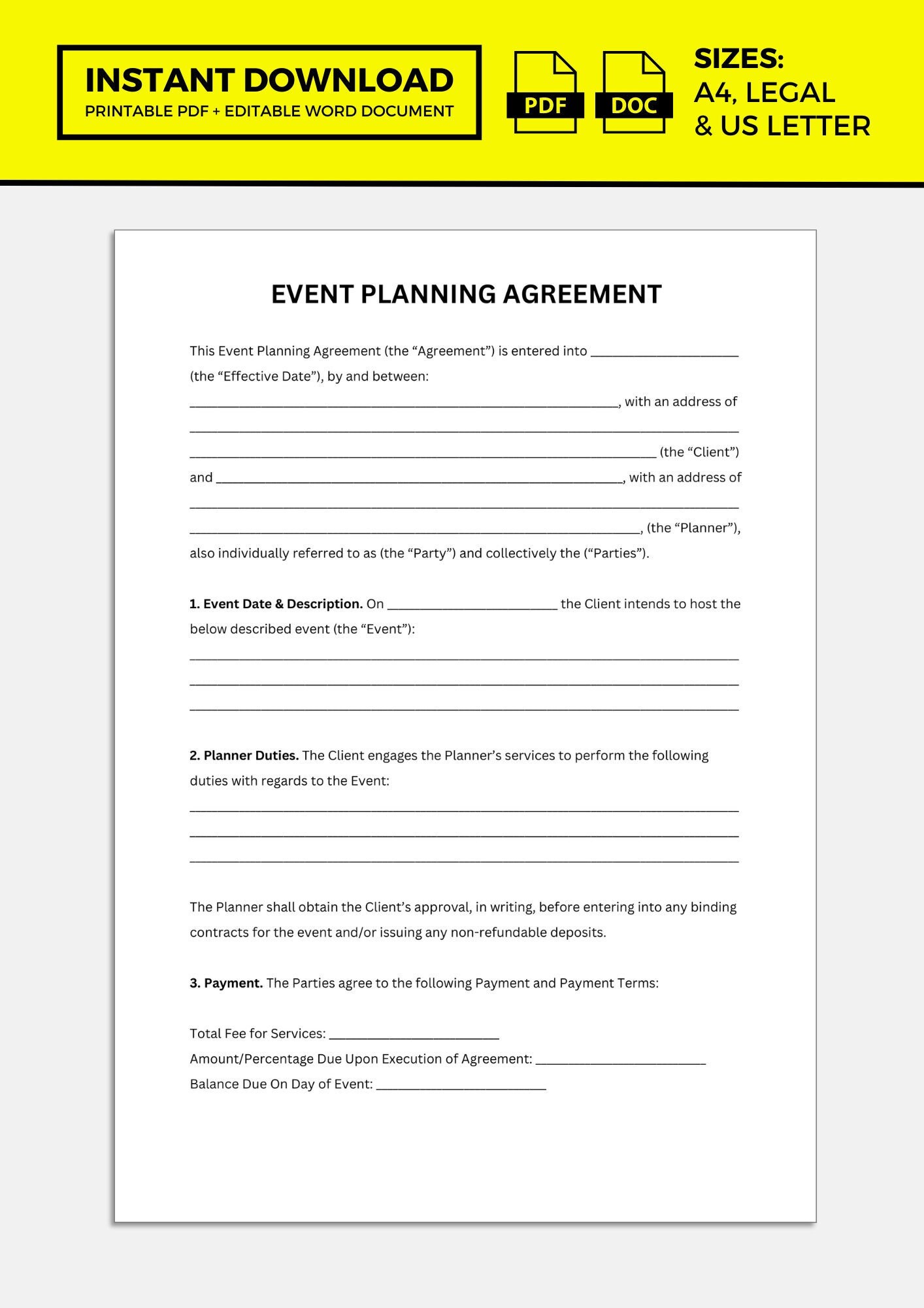 Event Planning Agreement, Event Planning Contract - Etsy
