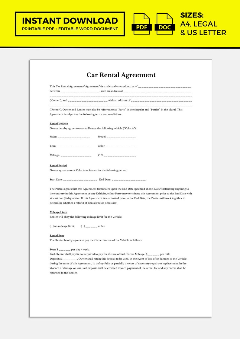 Car Rental Agreement, Car Rental Contract, Car Rental Template - Etsy