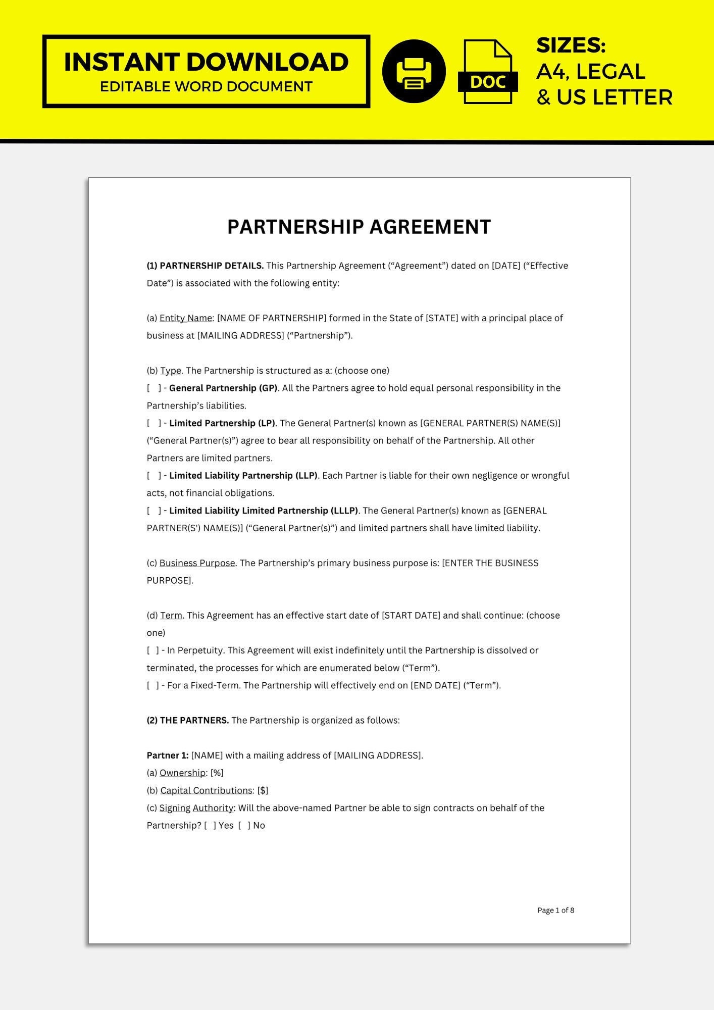 Partnership Agreement Partnership Agreement Template - Etsy