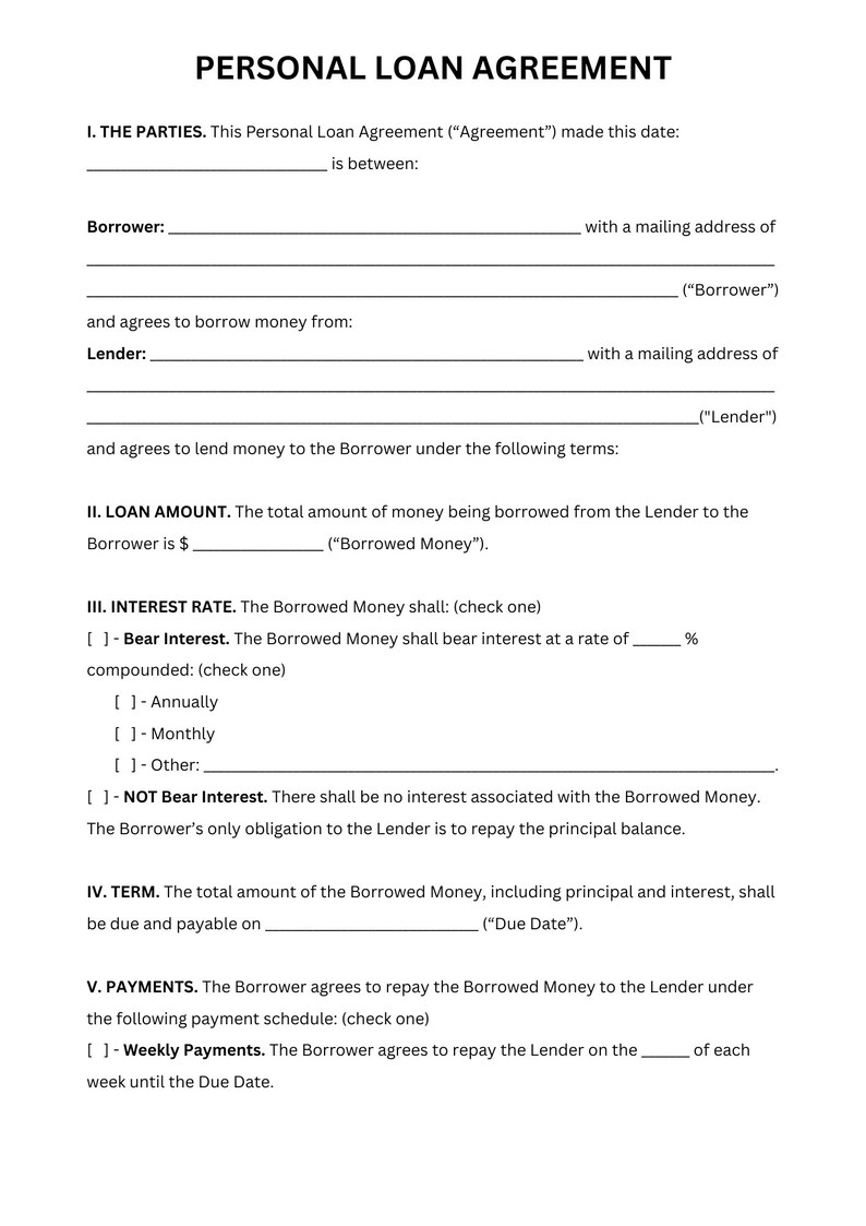 Personal Loan Agreement, Personal Loan Template, Loan Contract, Loan ...