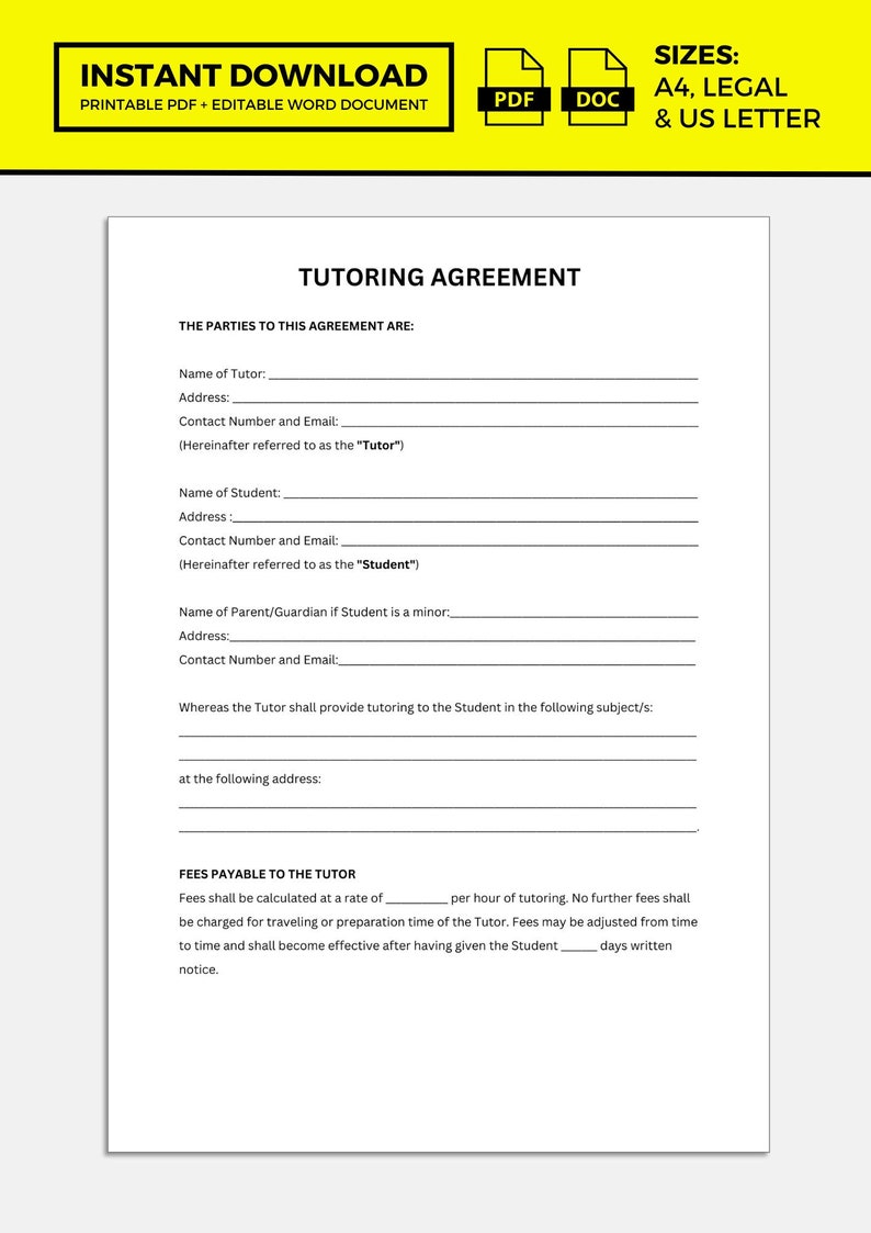 Tutoring Agreement, Tutoring Contract, Tutor Agreement, Tutor Contract ...