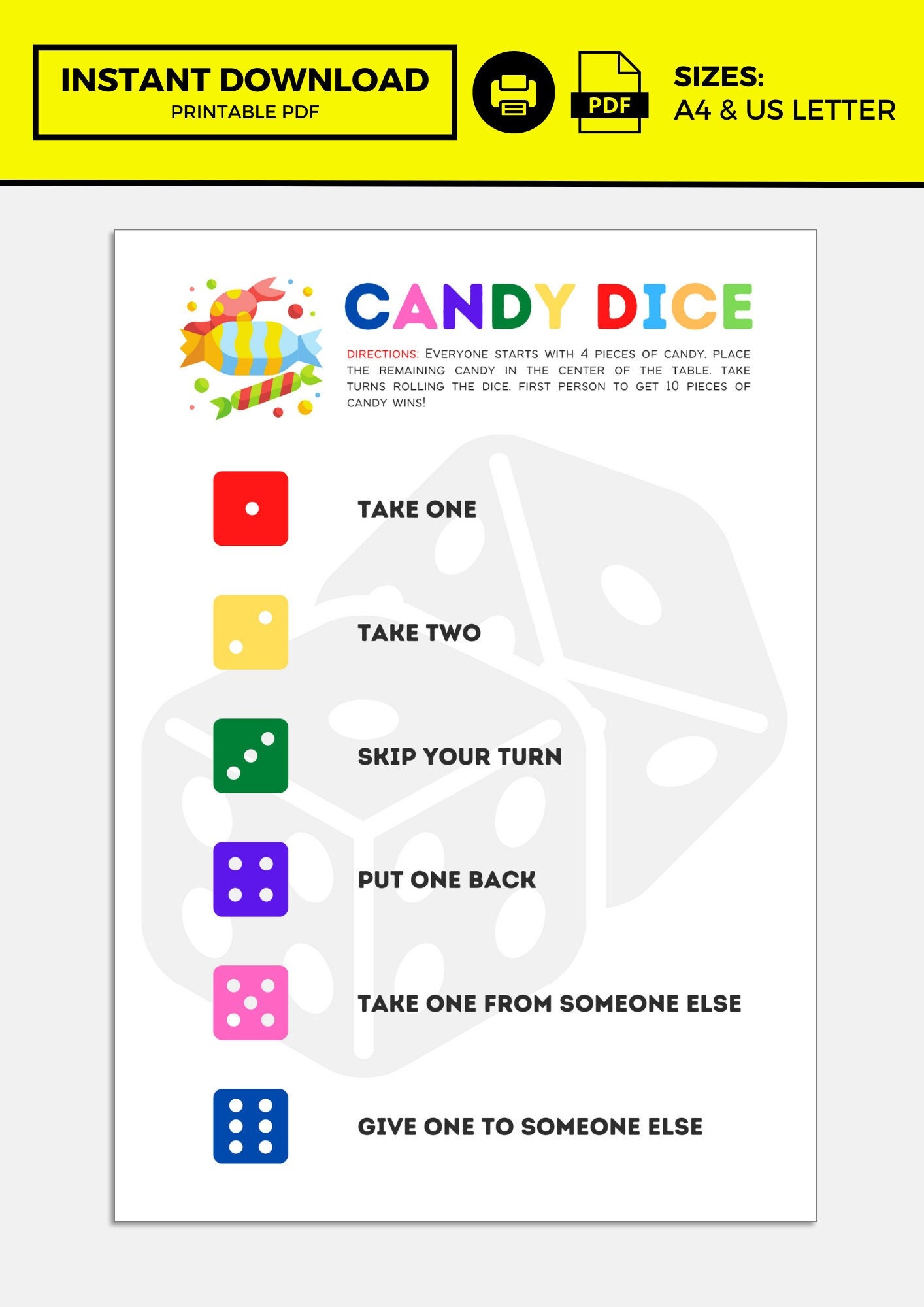 Candy Dice, Candy Dice Game, Kids Party Games, Party Games for Kids ...
