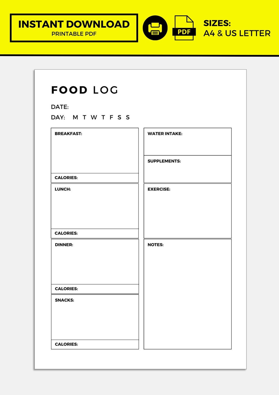 Food Log, Food Log Printable, Food Log PDF, Food Log Template, Daily ...