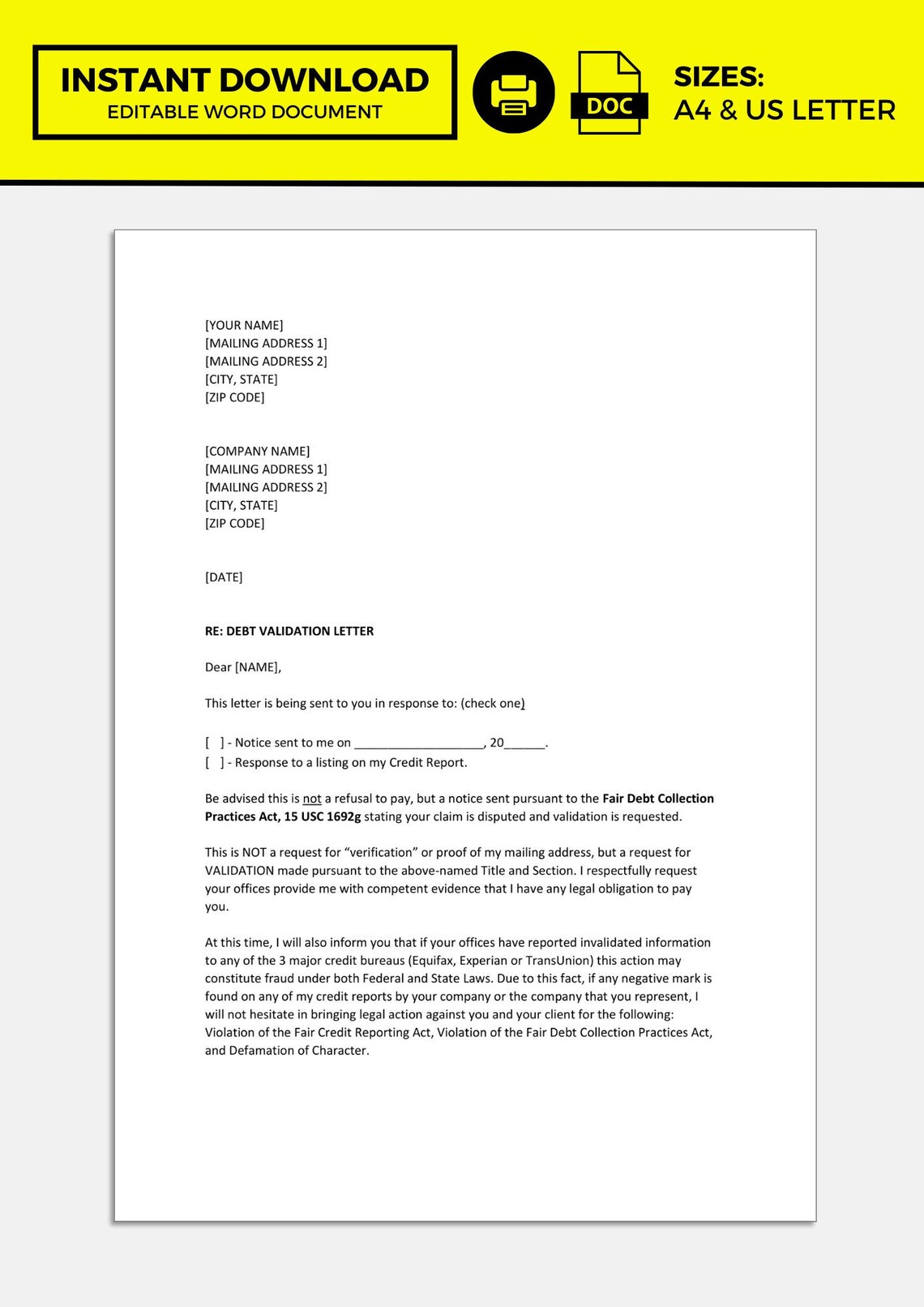 Debt Validation Letter, Debt Validation Letter Template - Etsy