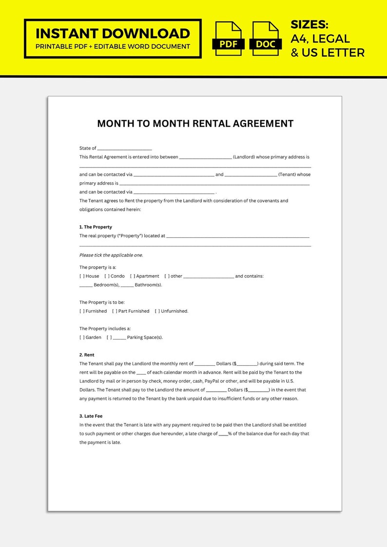 Month to Month Rental Agreement, Month to Month Rental Contract - Etsy