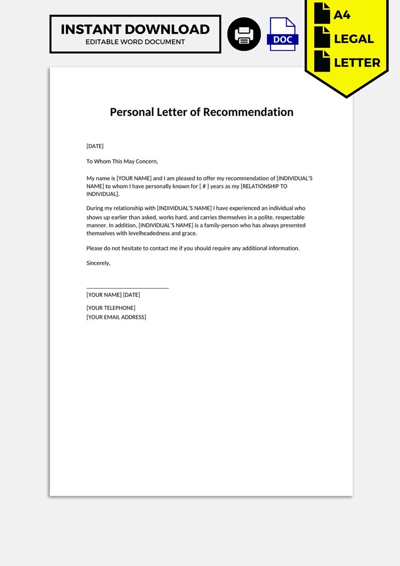 Letter of Recommendation Recommendation Letter Personal - Etsy