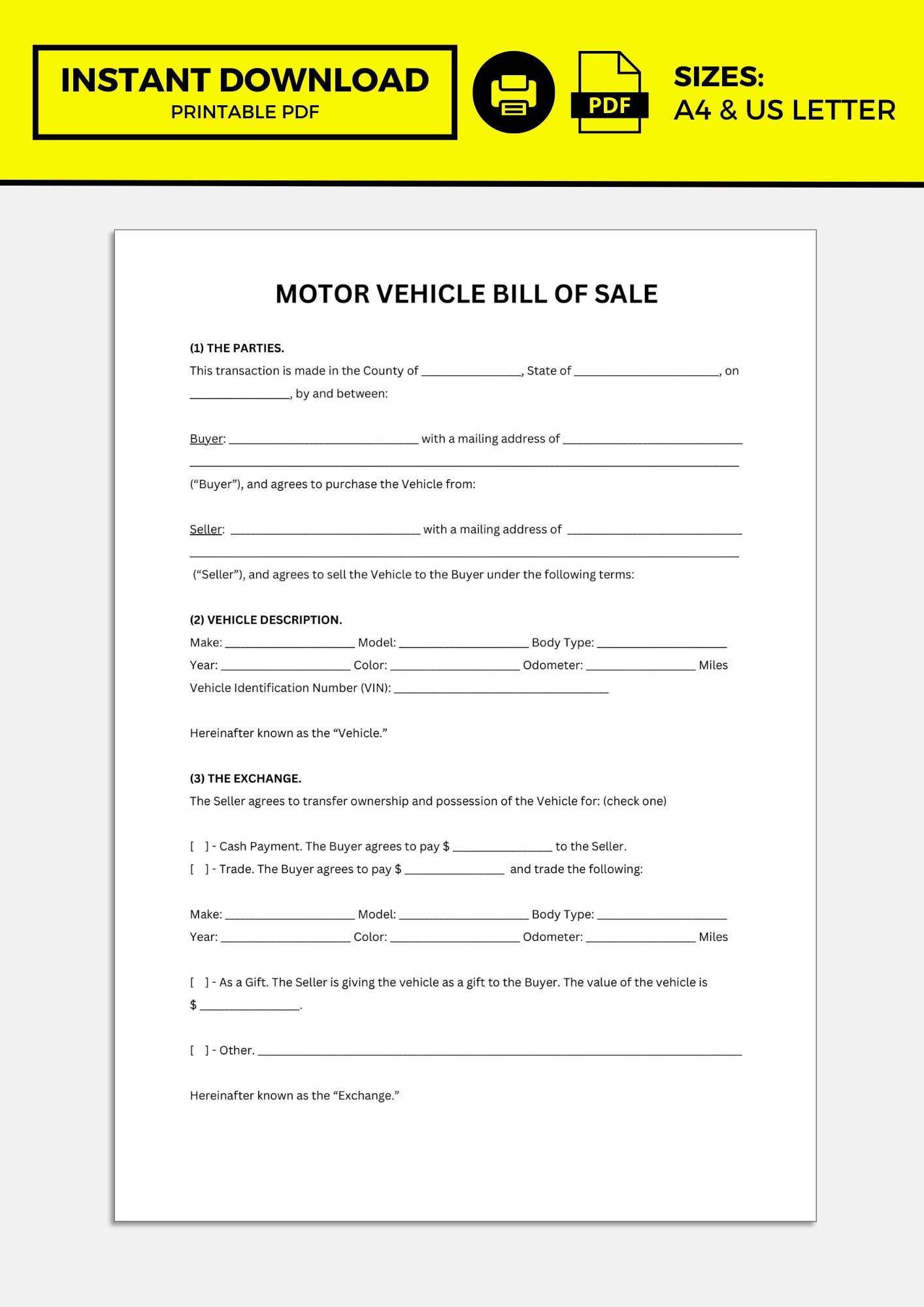 Motor Vehicle Bill of Sale PRINTABLE PDF - Etsy