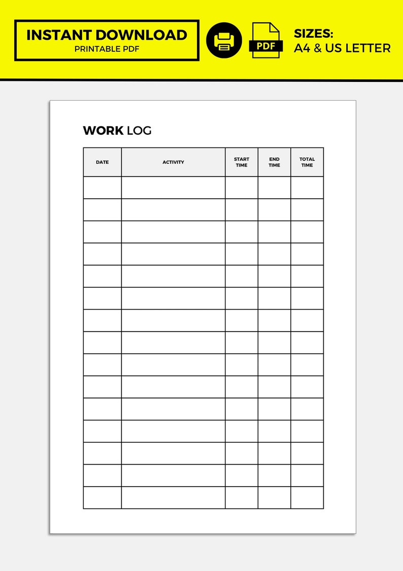 Work Log, Work Log Template, Work Log Sheets, Work Hours Tracker, Work ...