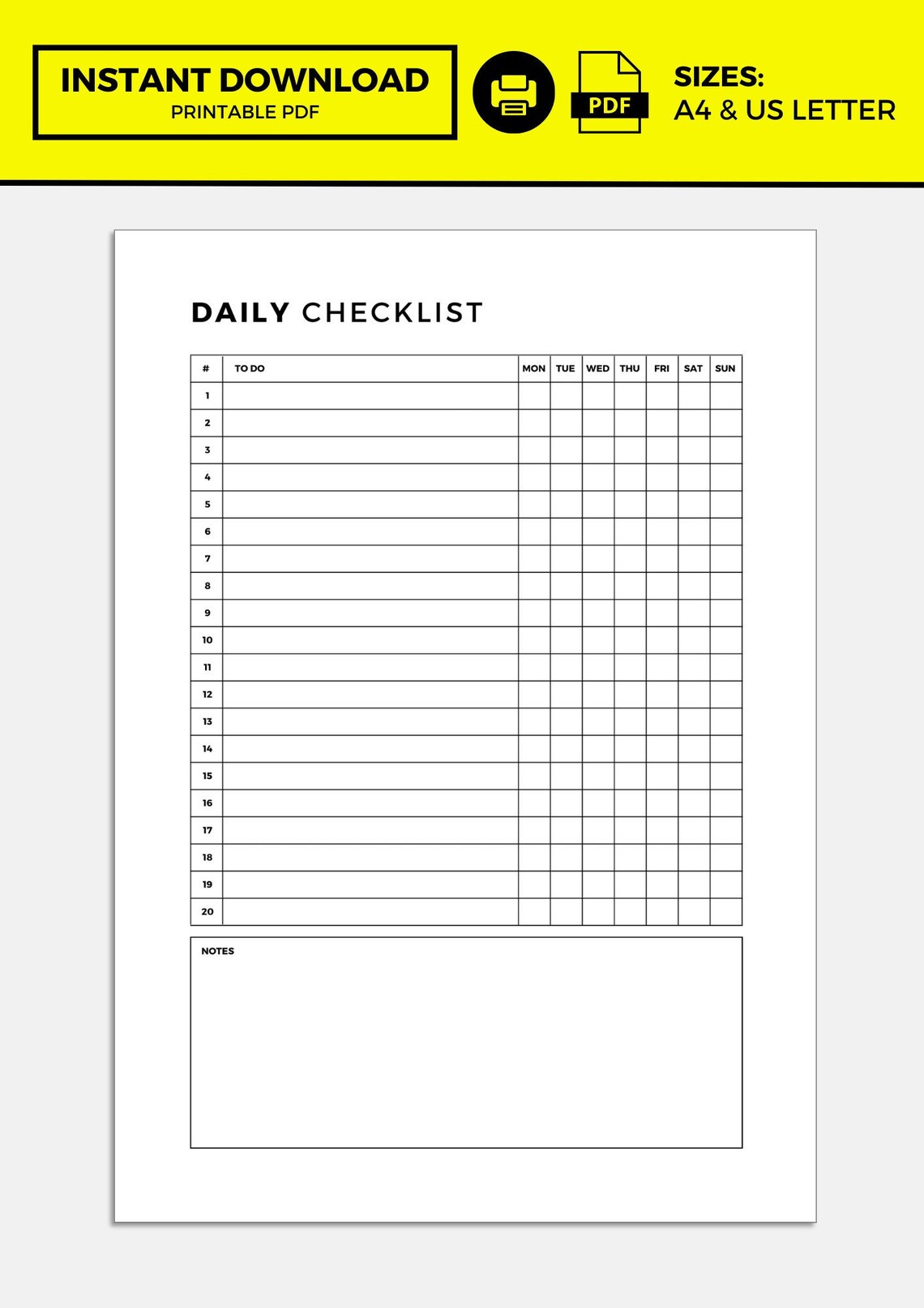 Daily Checklist Template, Daily Checklist Planner, Daily Checklist ...