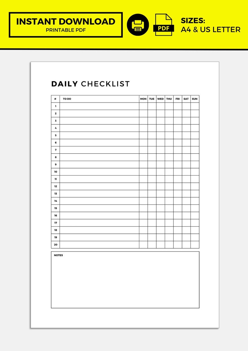 Daily Checklist Template Daily Checklist Planner Daily - Etsy UK