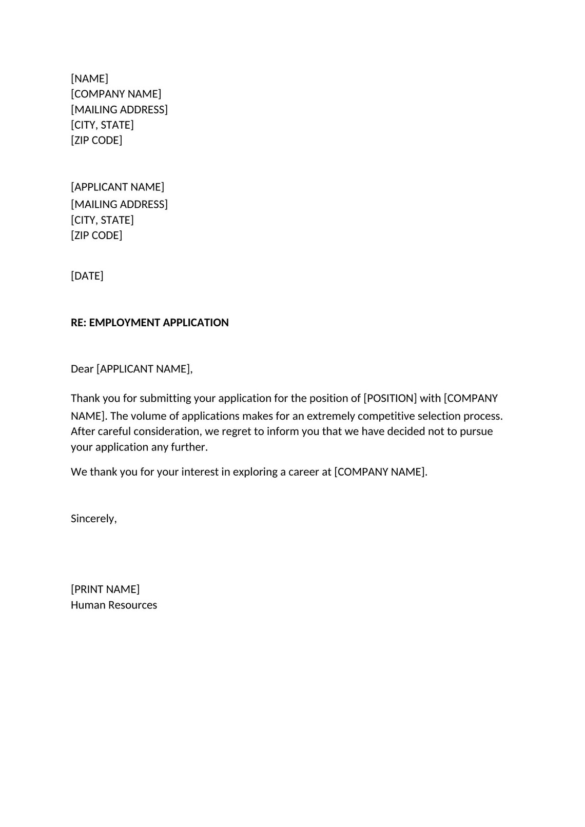 Rejection Letter, Rejection Letter Template, Employment Rejection ...