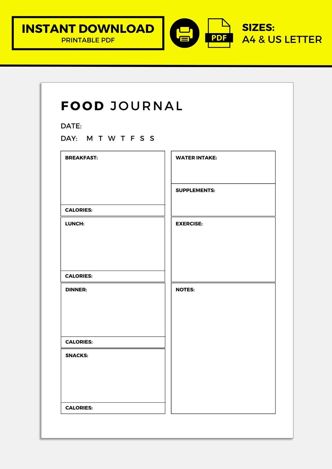 Food Journal Printable, Food Journal Template, Food Journal for Weight ...