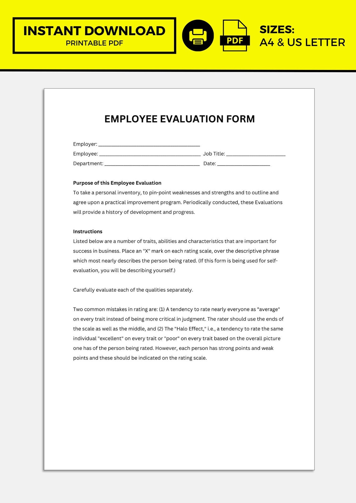 Employee Evaluation Form, Employee Evaluation Form Template, Employee ...