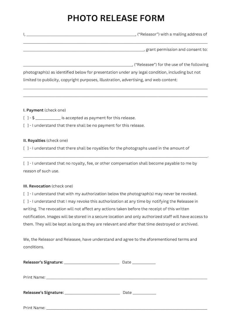Photo Release Form, Photo Release Form Template - Etsy