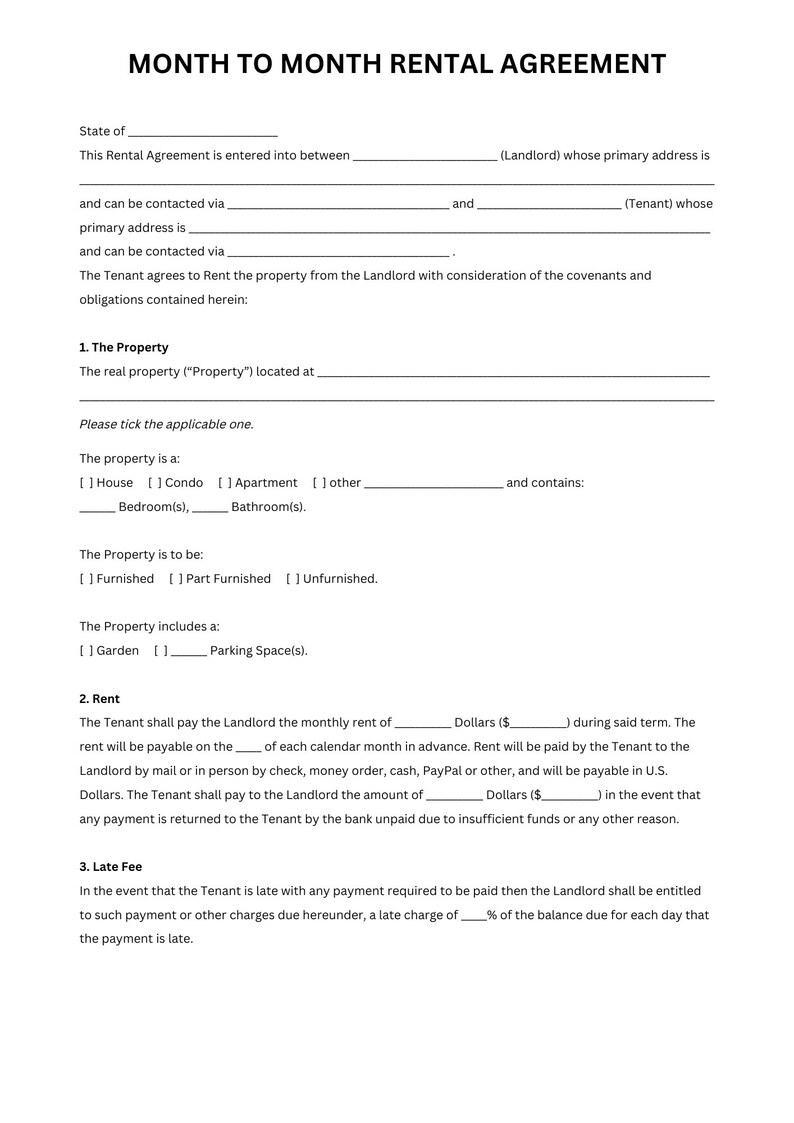 Month to Month Rental Agreement, Month to Month Rental Contract - Etsy