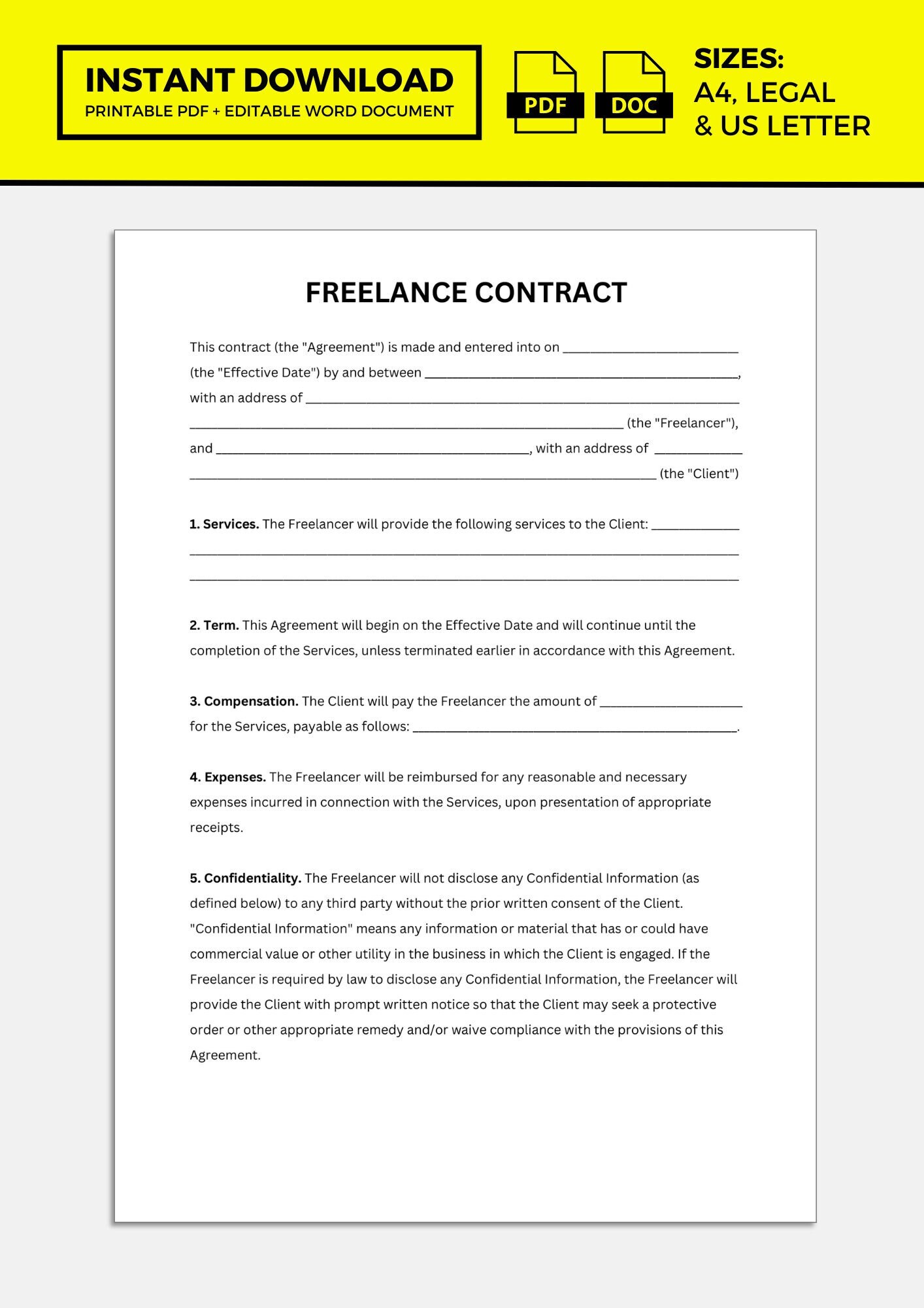 Freelance Contract, Freelance Contract Template - Etsy