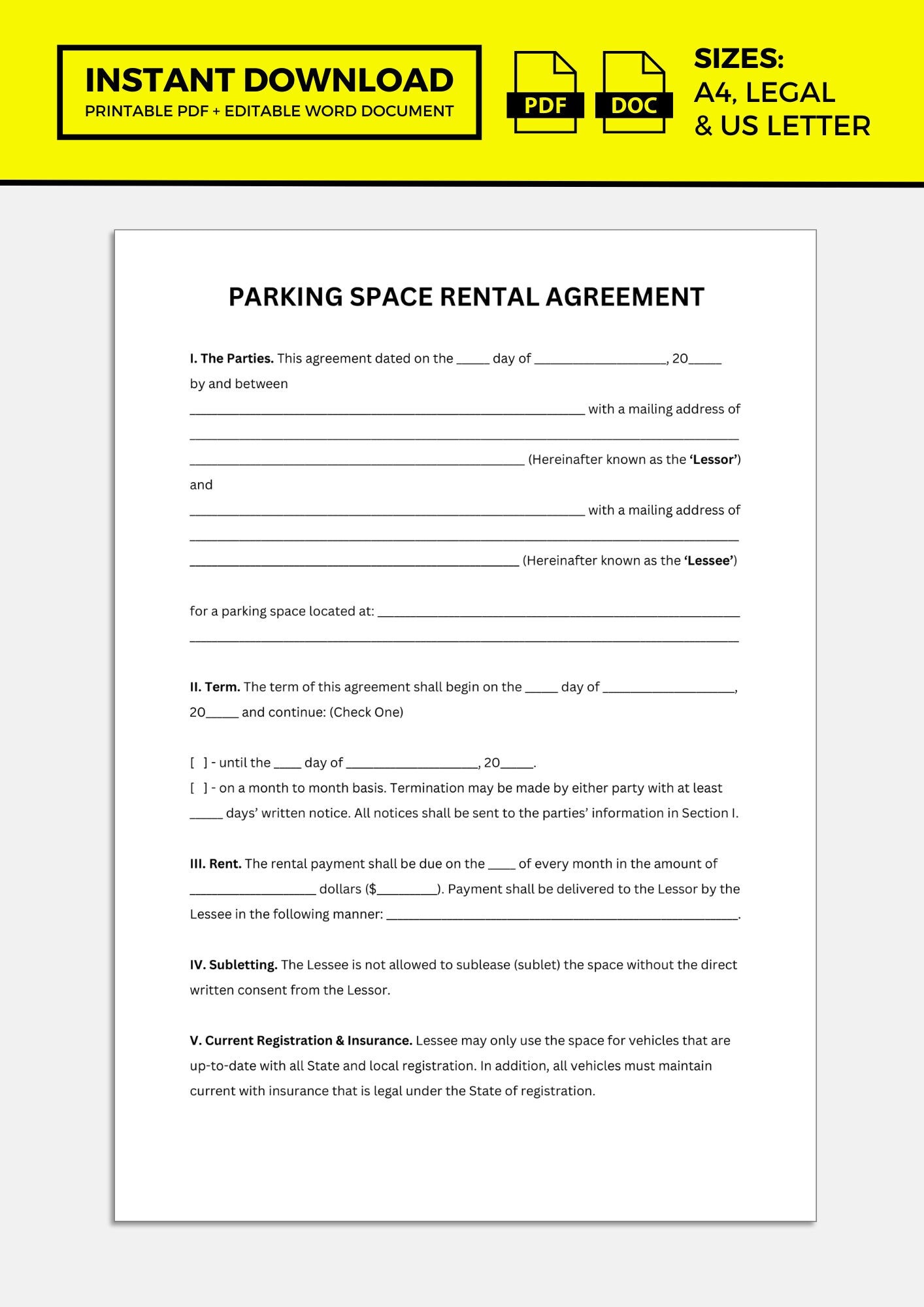 Parking Space Rental Agreement - Etsy