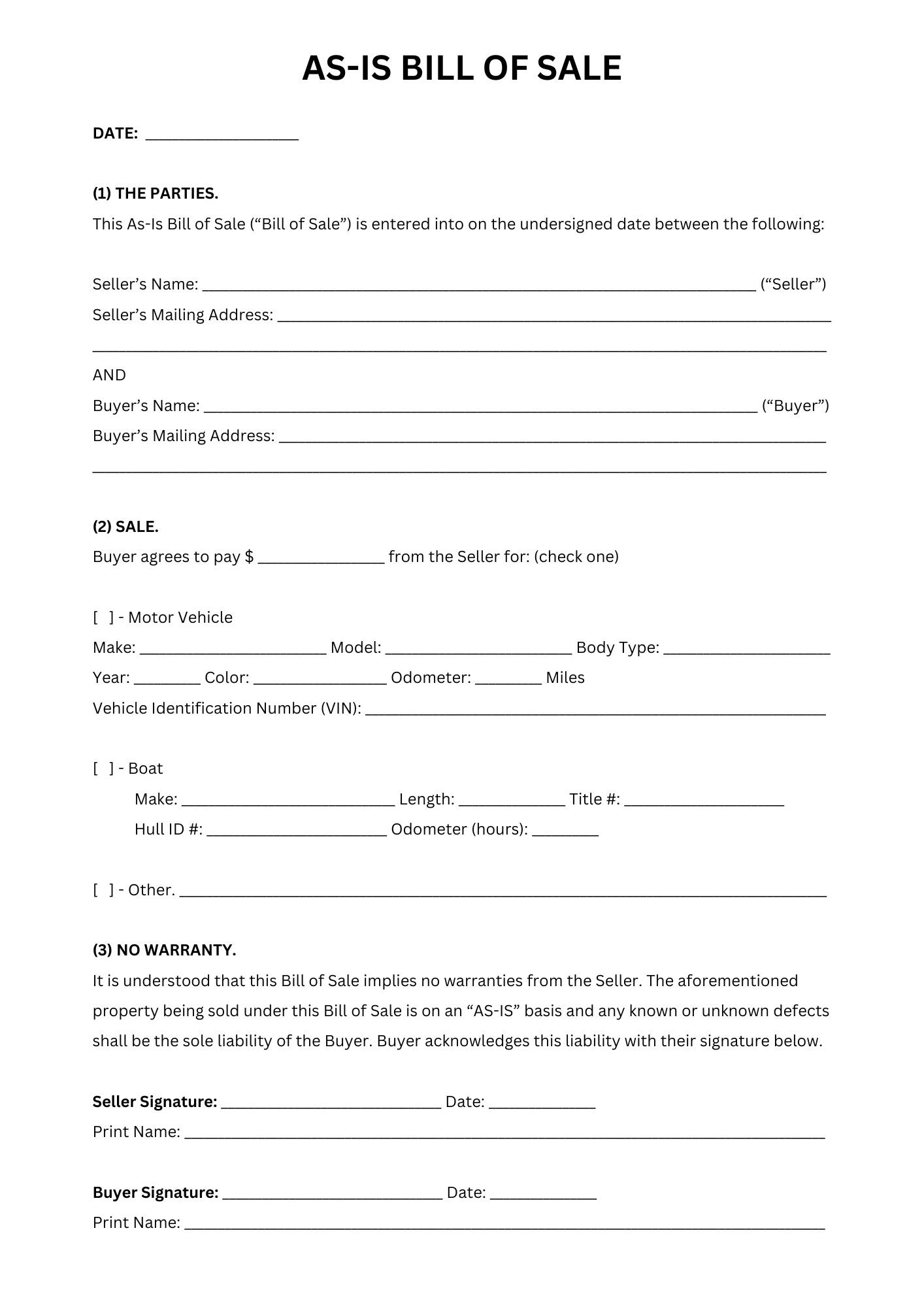 As is Bill of Sale, Bill of Sale, Bill of Sale Template, Bill of Sale ...