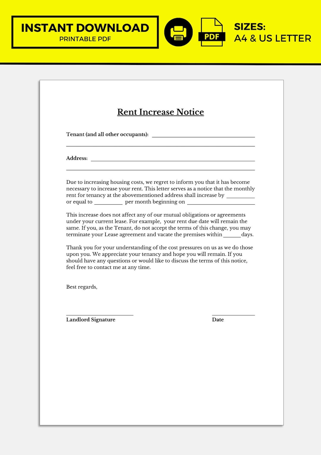 Rent Increase Notice, Rent Increase Form, Rent Increase Letter ...