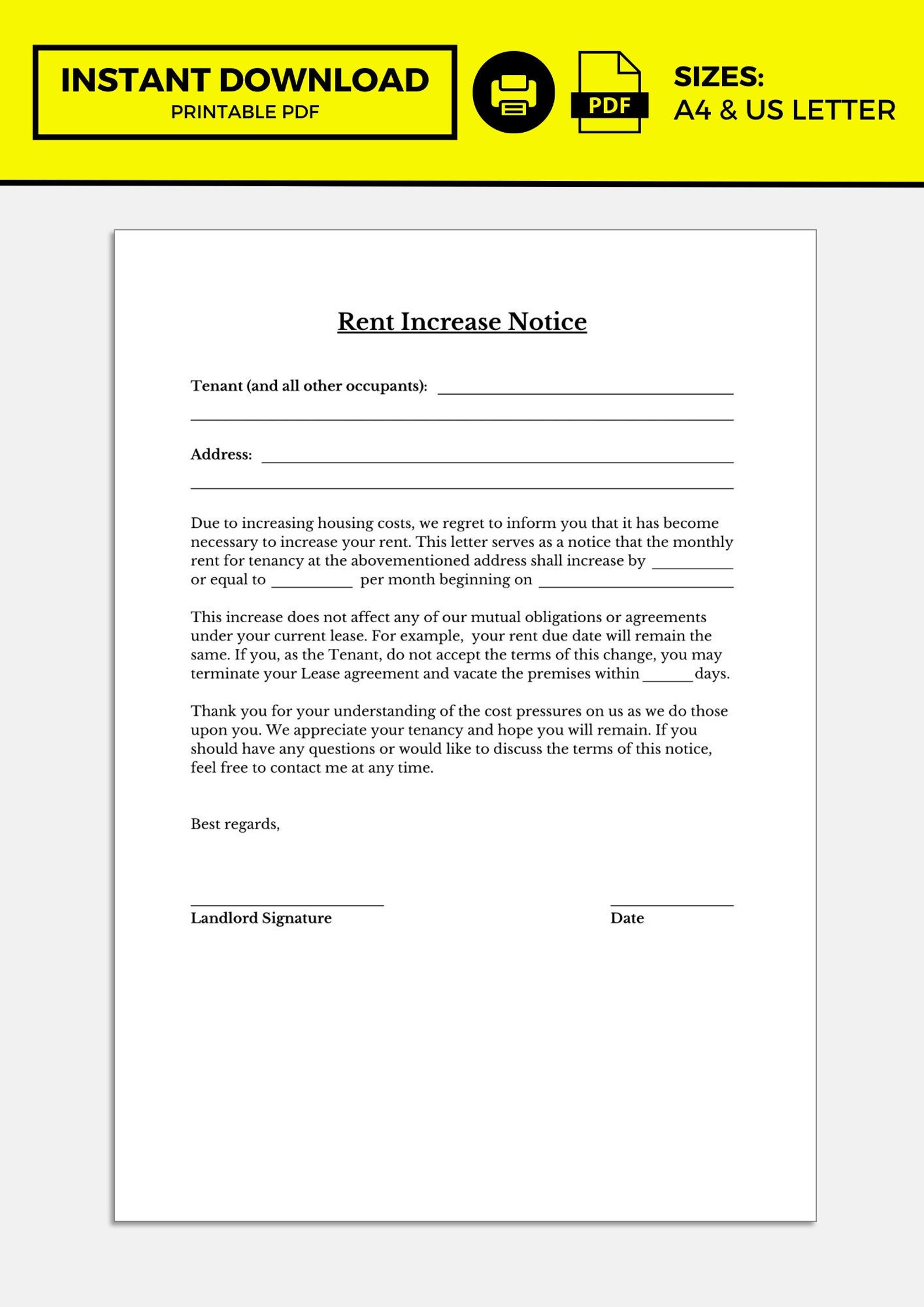 Rent Increase Notice, Rent Increase Form, Rent Increase Letter ...