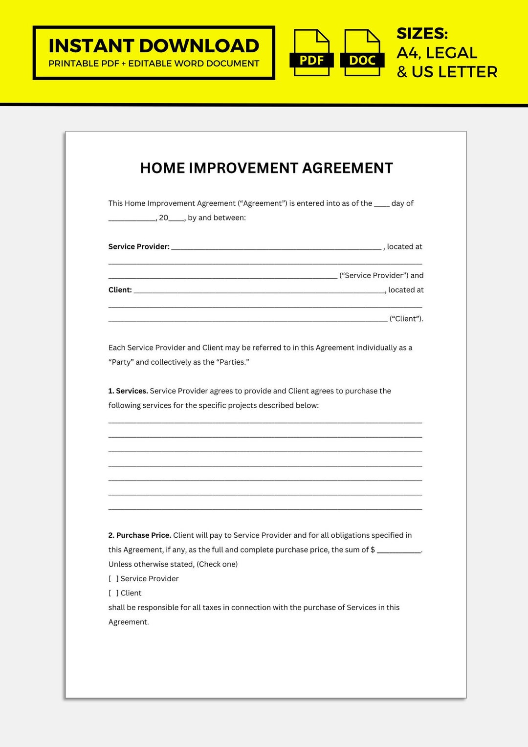 Home Improvement Agreement, Home Improvement Contract - Etsy