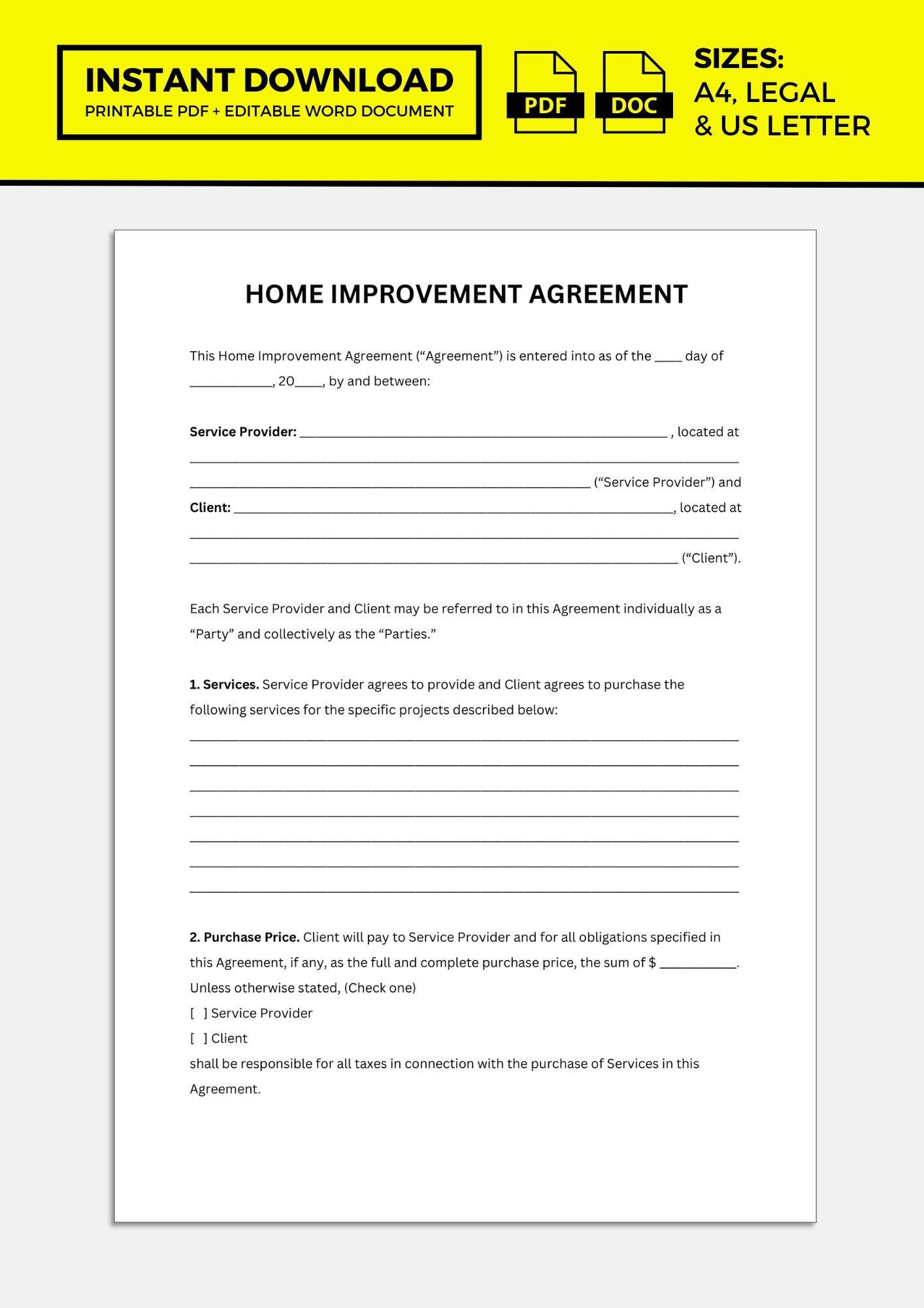 Home Improvement Agreement, Home Improvement Contract - Etsy