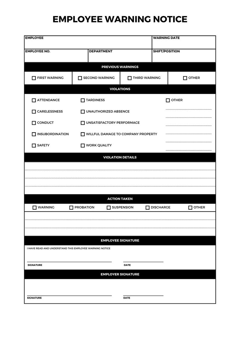 Employee Warning Notice, Employee Warning Notice Form - Etsy