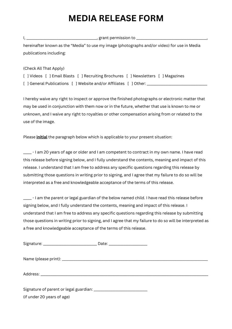 Media Release Form, Media Release Form Template - Etsy