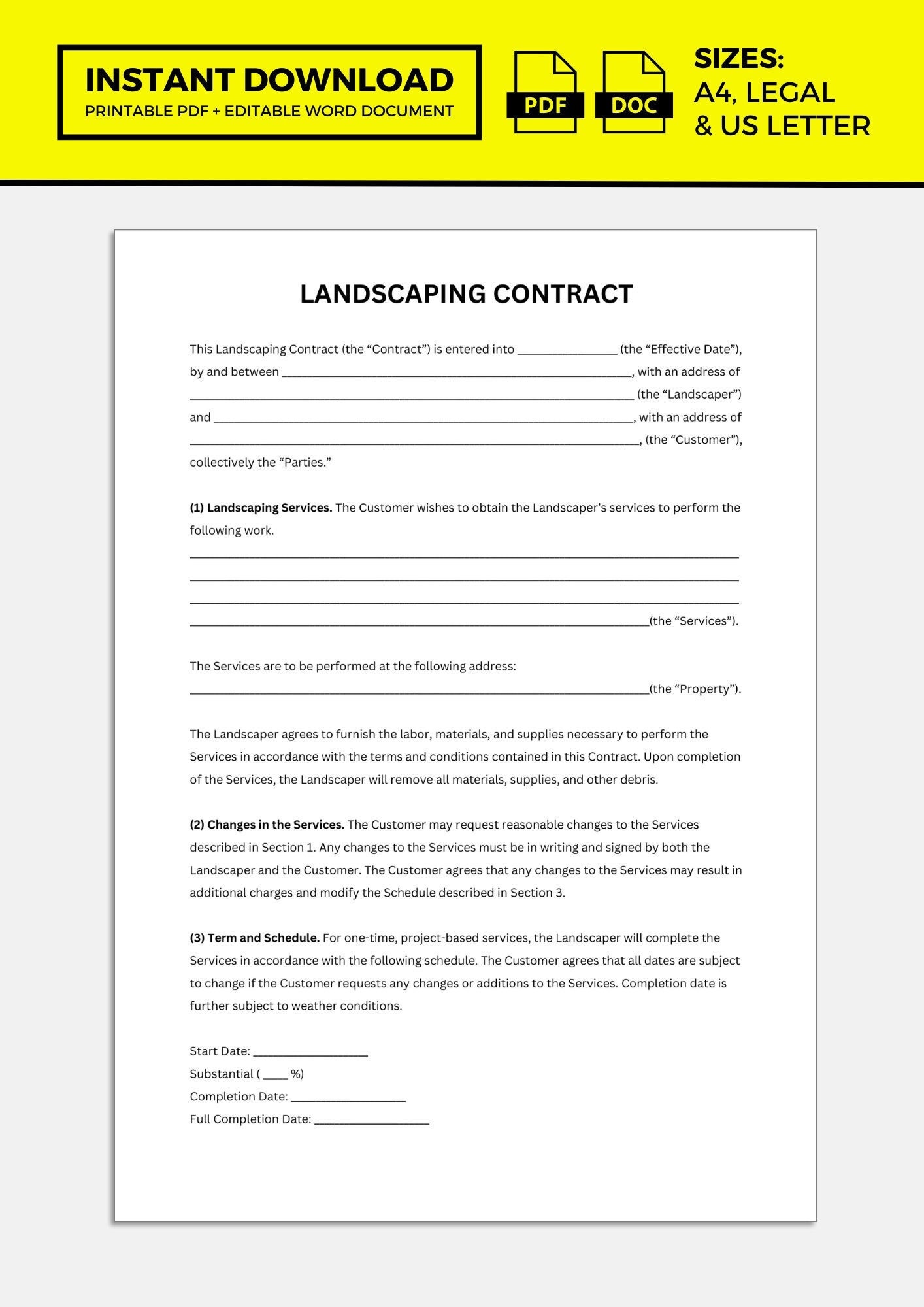 Landscaping Contract Landscaping Agreement Etsy UK