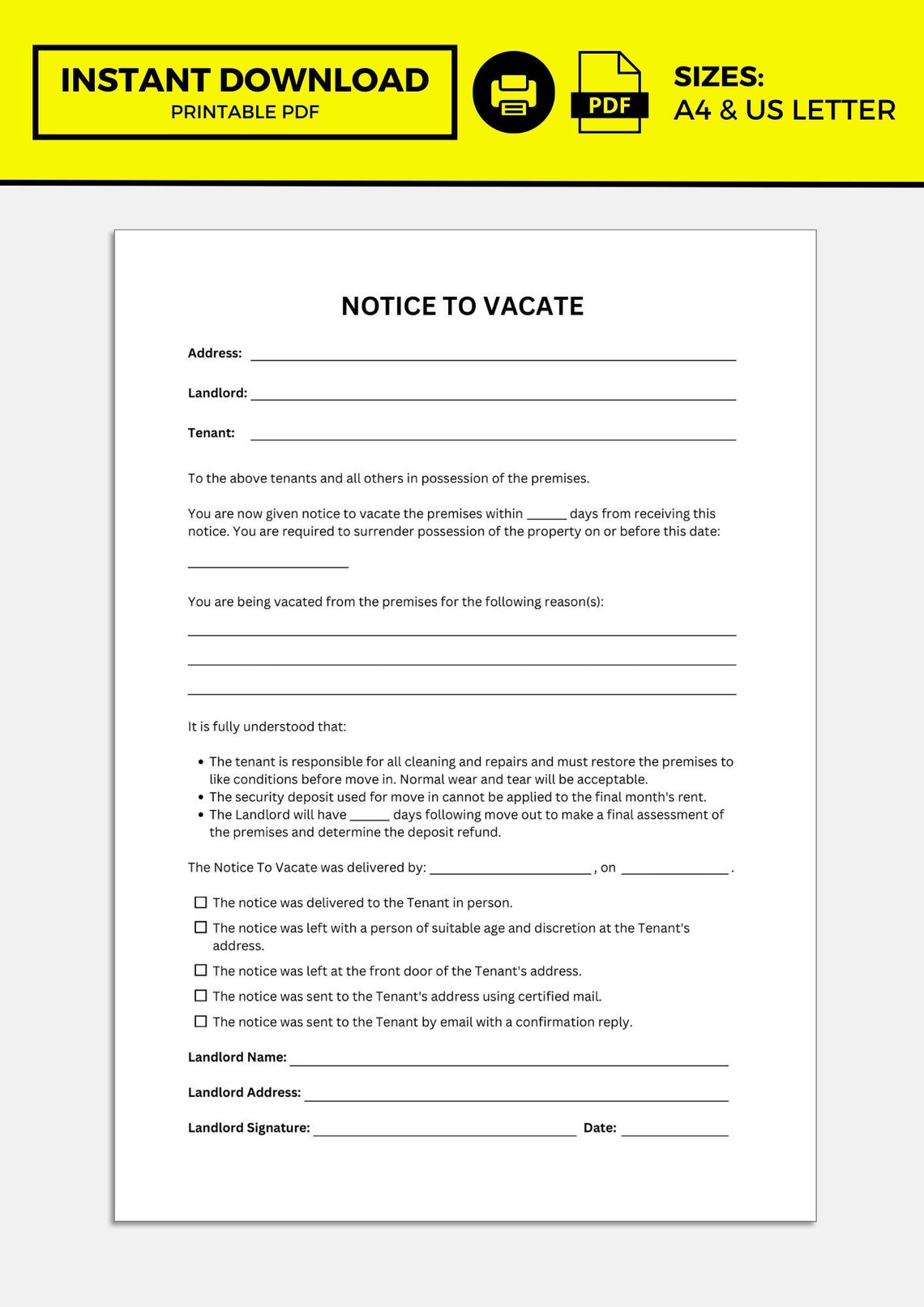 Notice to Vacate, Notice to Vacate Template, Eviction Notice, Eviction ...