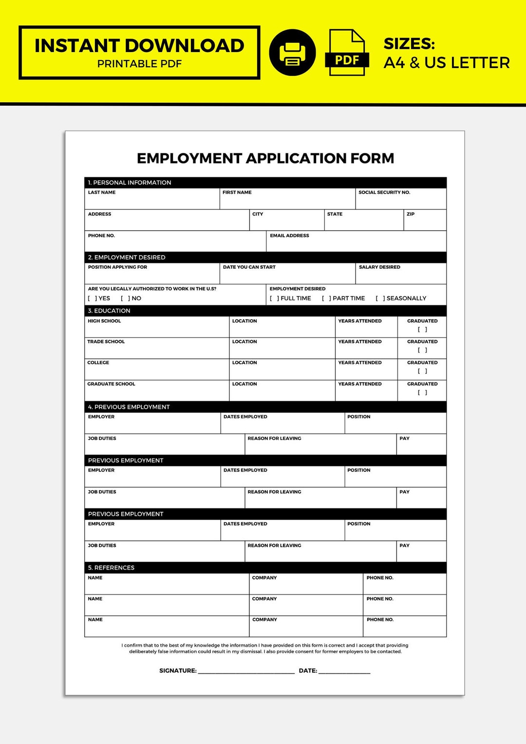 Job Application Form, Employment Application Form, Job Application ...