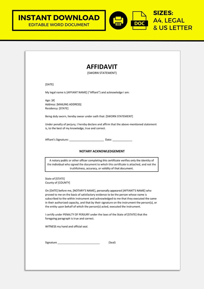Affidavit Template - Etsy