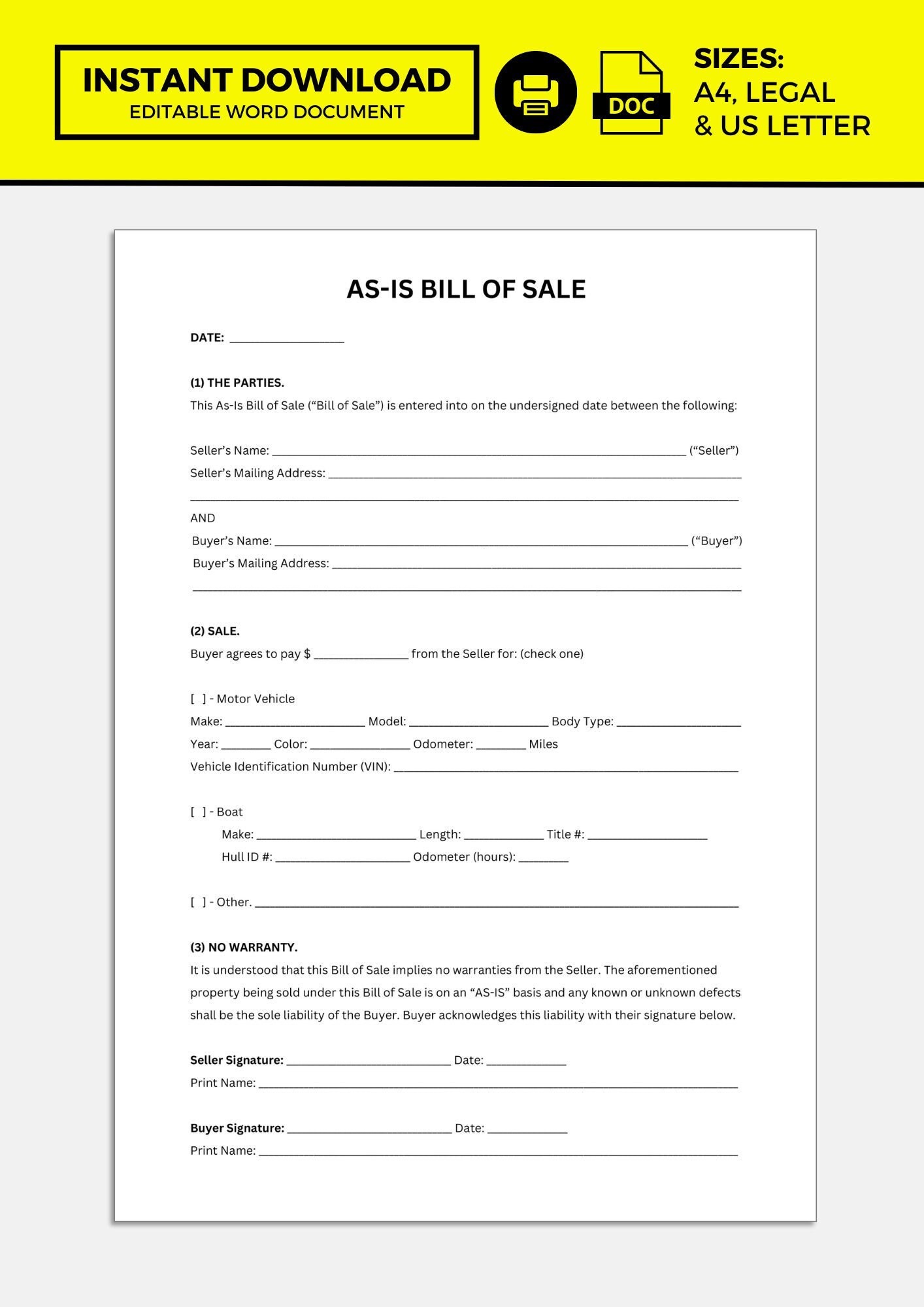 As is Bill of Sale, as is Bill of Sale Template - Etsy