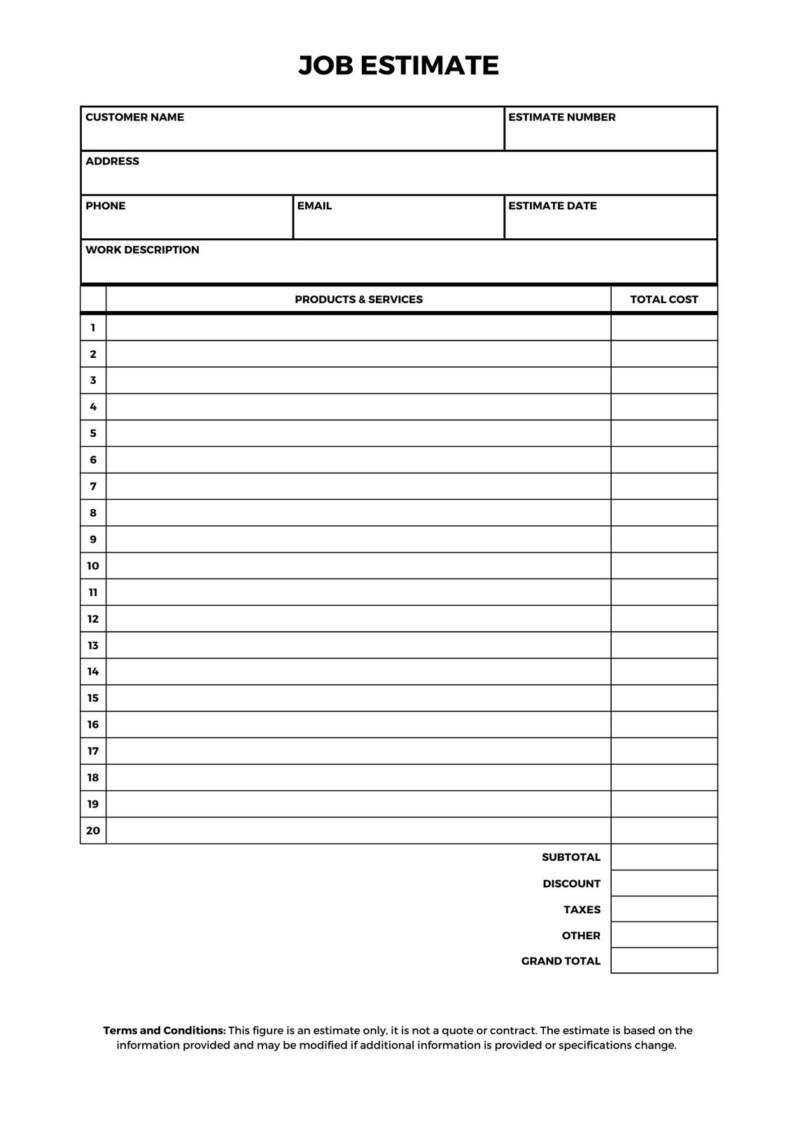 Job Estimate Template, Printable Job Estimate Template - Etsy