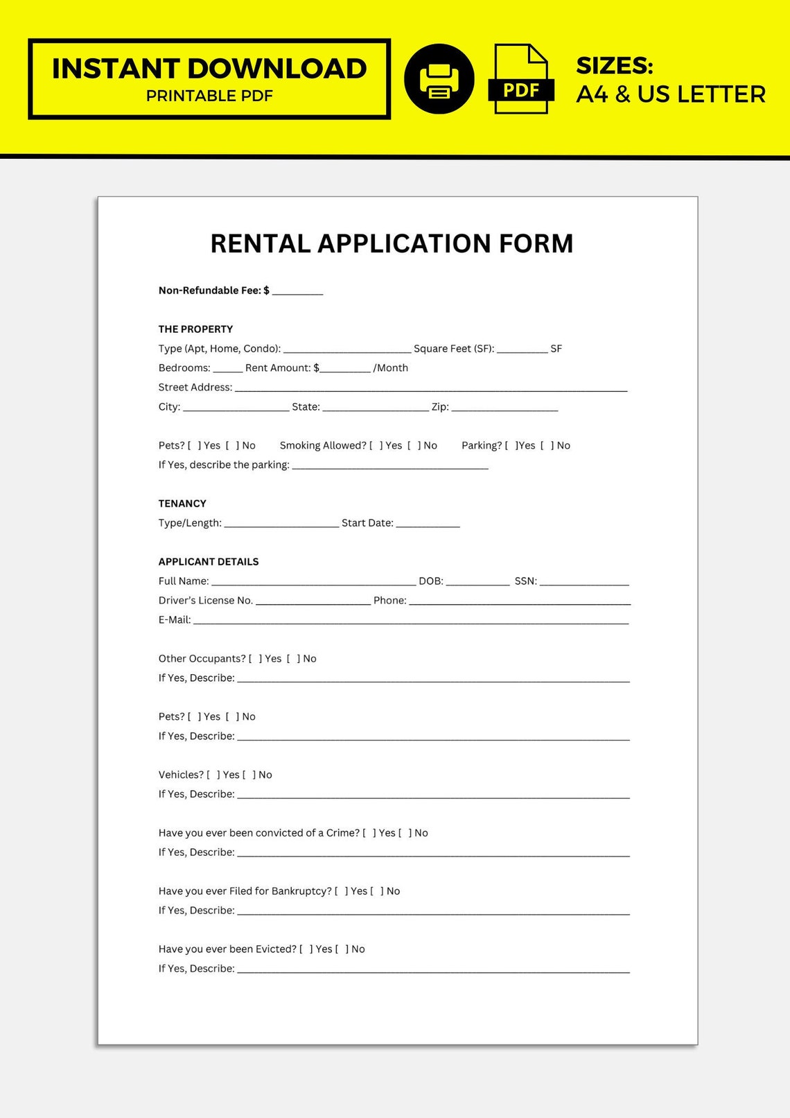 Rental Application Form, Rental Application Form Template, Printable ...