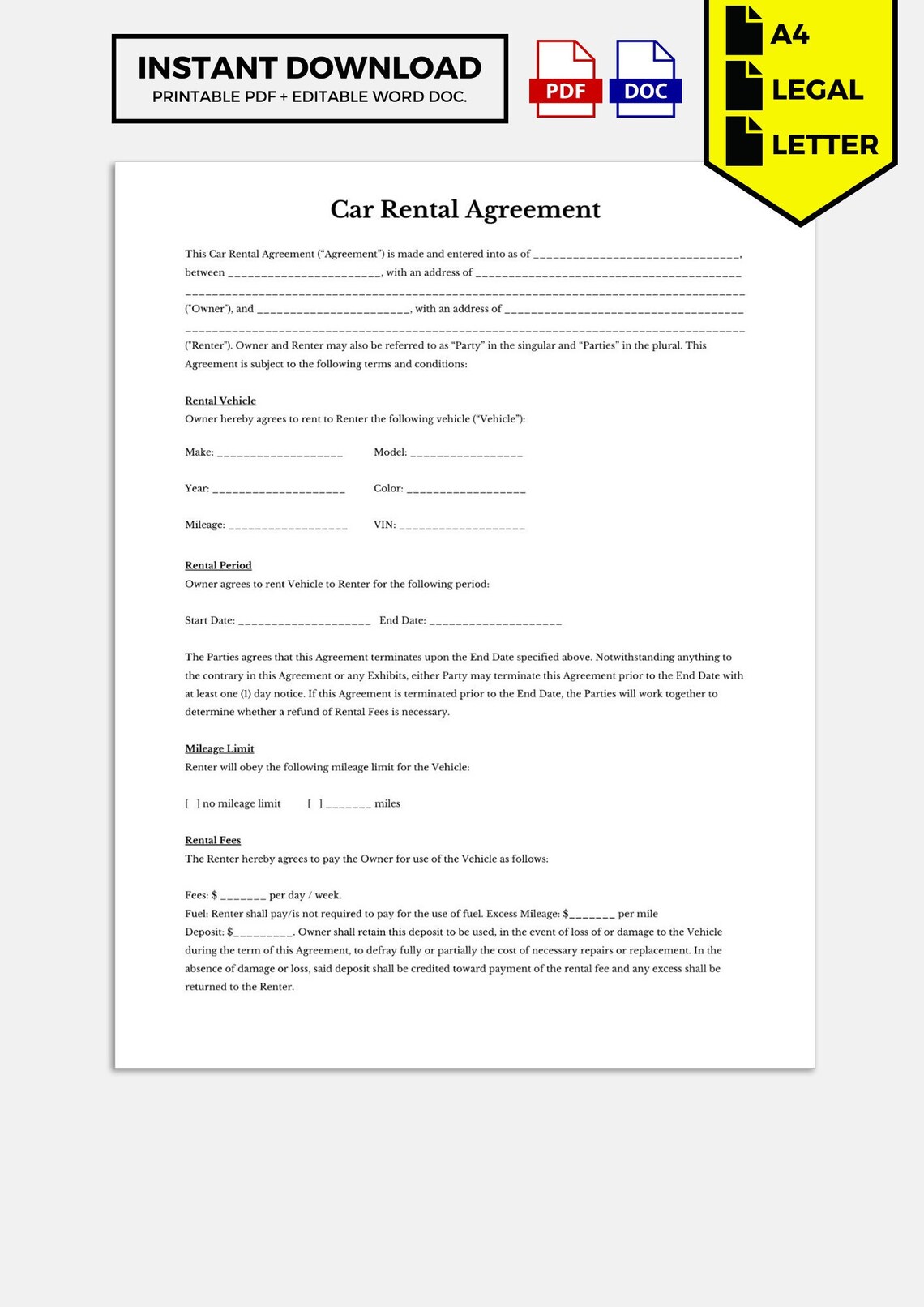 Car Rental Agreement Car Rental Contract - Etsy