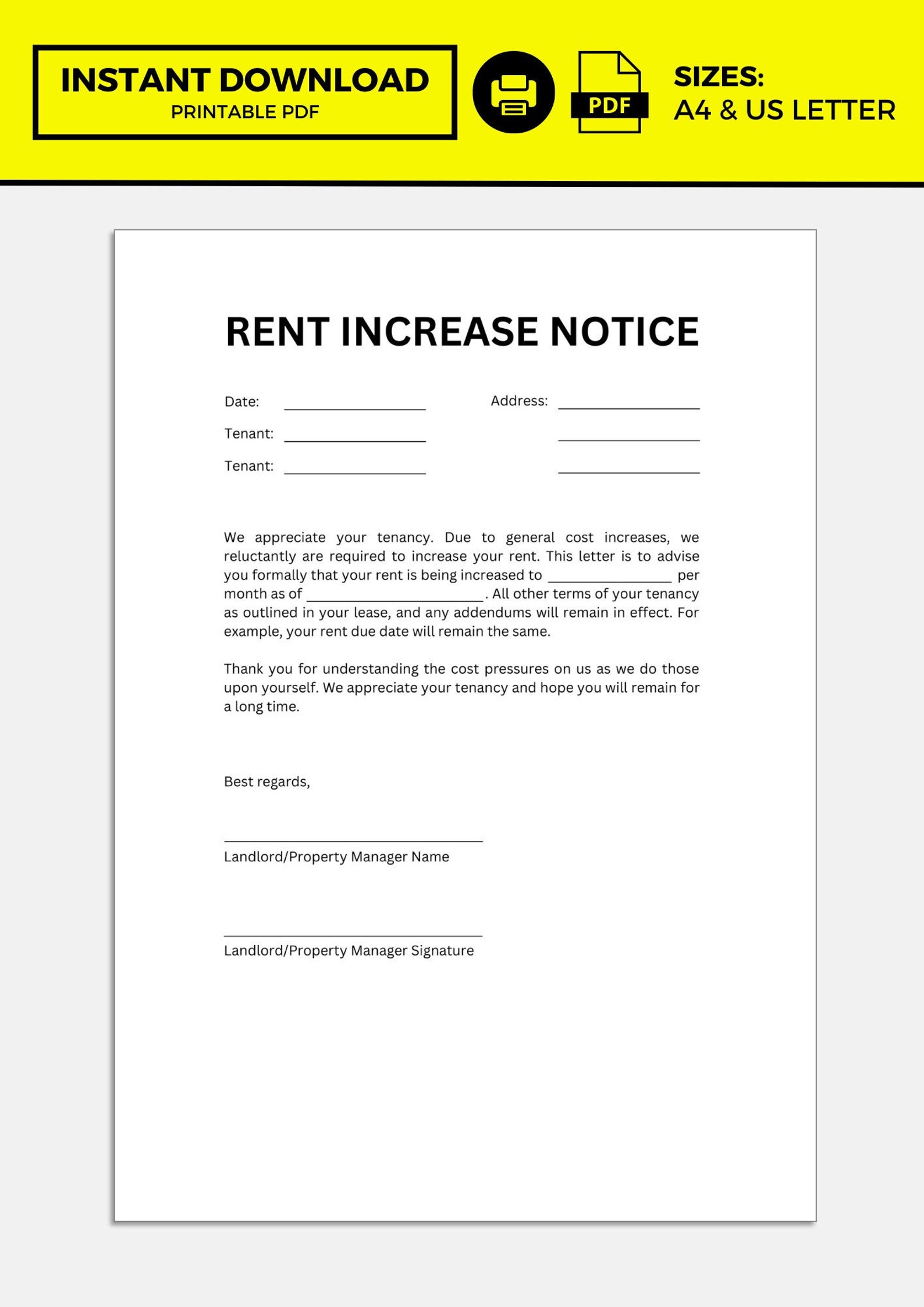 Rental Increase Notice, Rental Increase Form, Rental Increase Letter ...