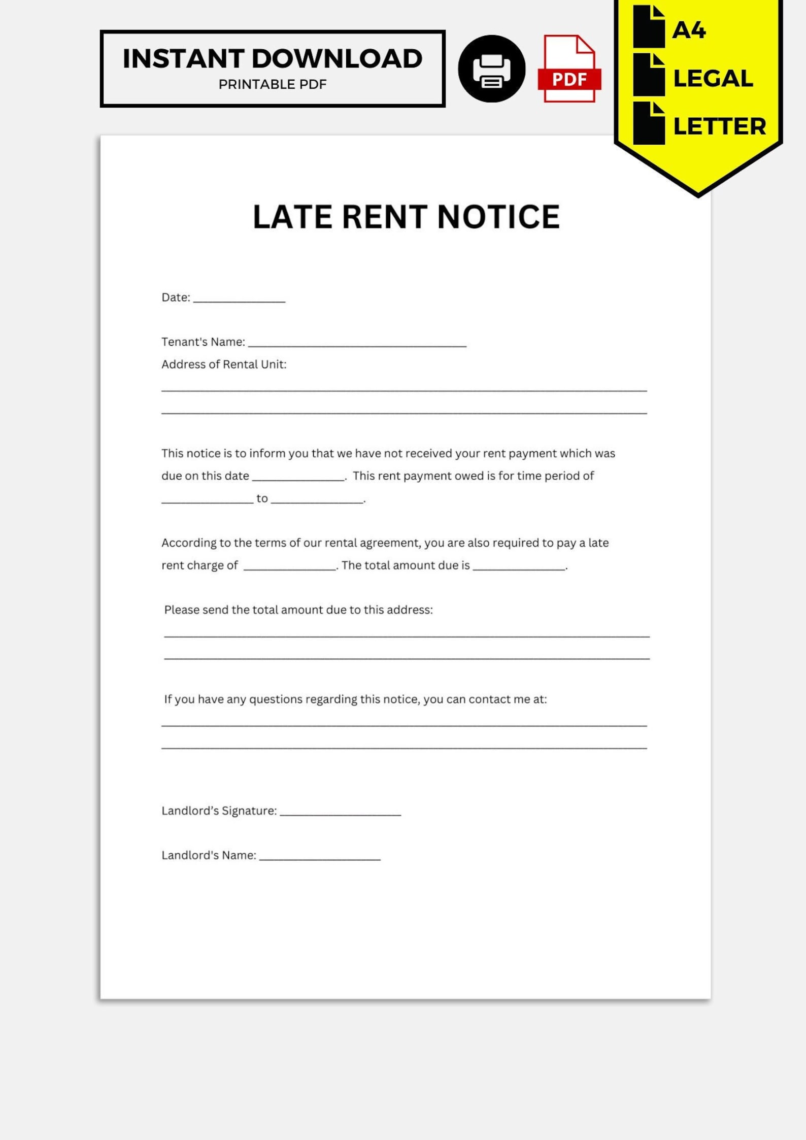Late Rent Notice Late Rent Notice Template - Etsy