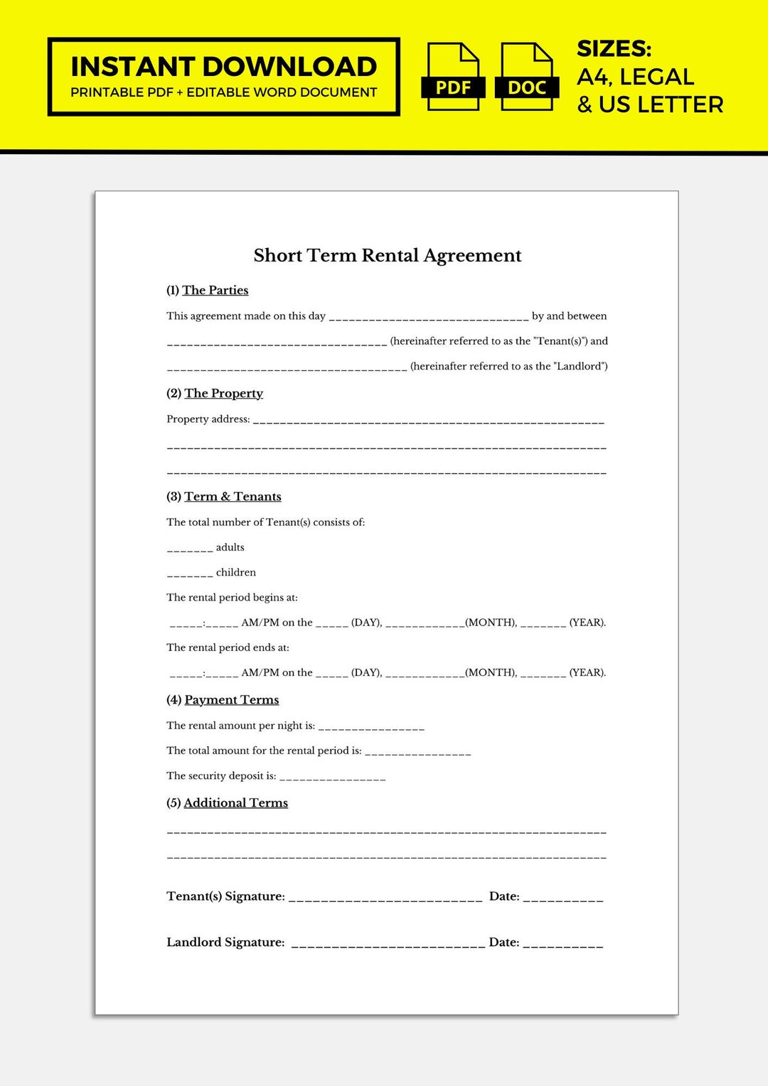 Short Term Rental Agreement, Short Term Rental Contract - Etsy