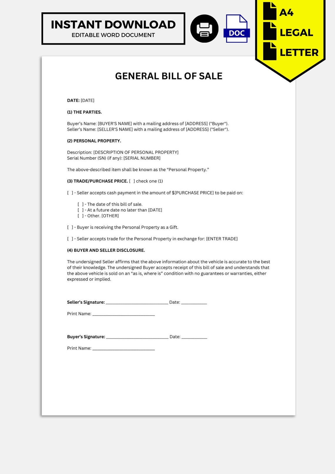 General Bill of Sale, General Bill of Sale Template - Etsy