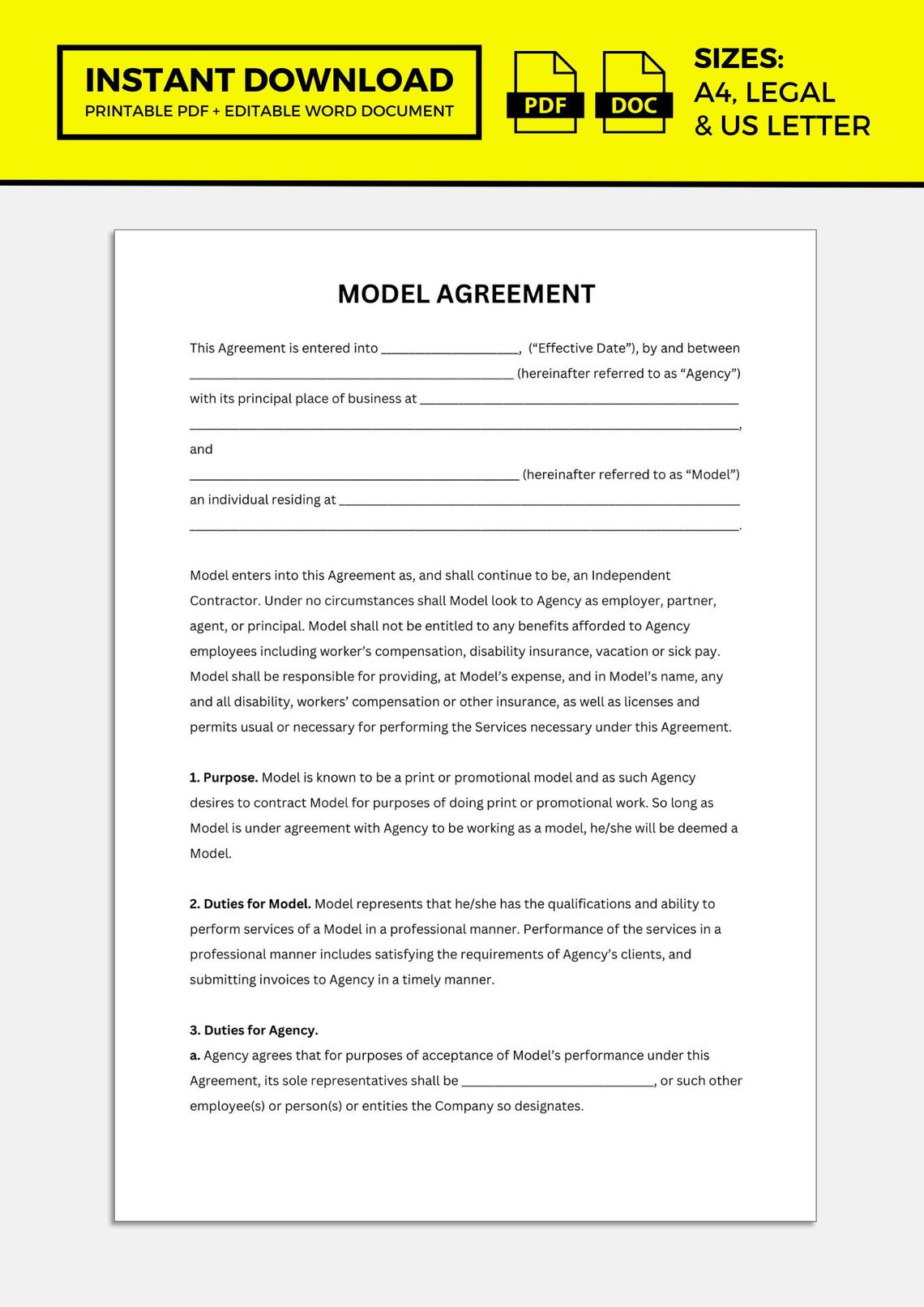 Model Agreement, Model Contract, Modeling Contract - Etsy