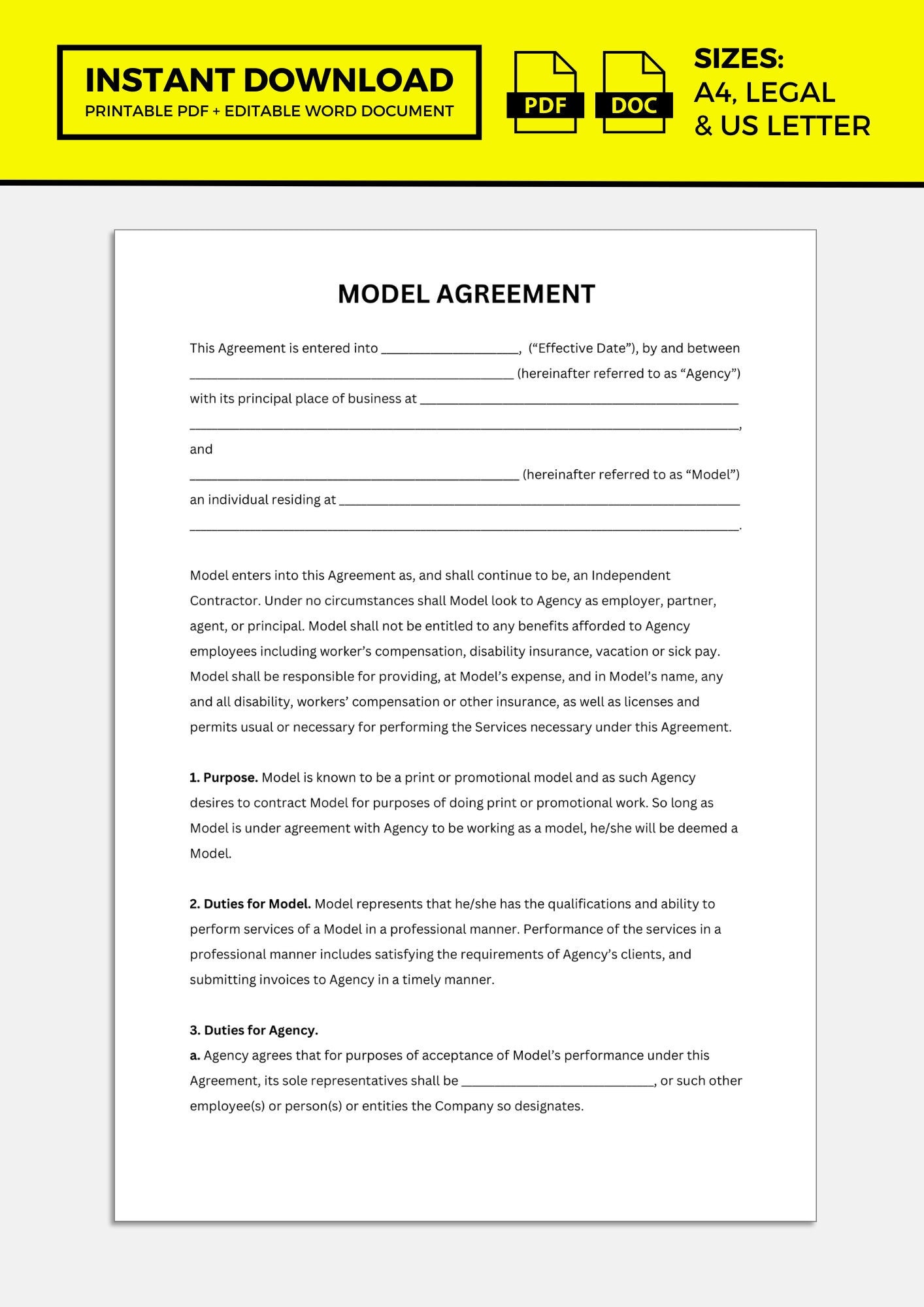 Model Agreement, Model Contract, Modeling Contract - Etsy