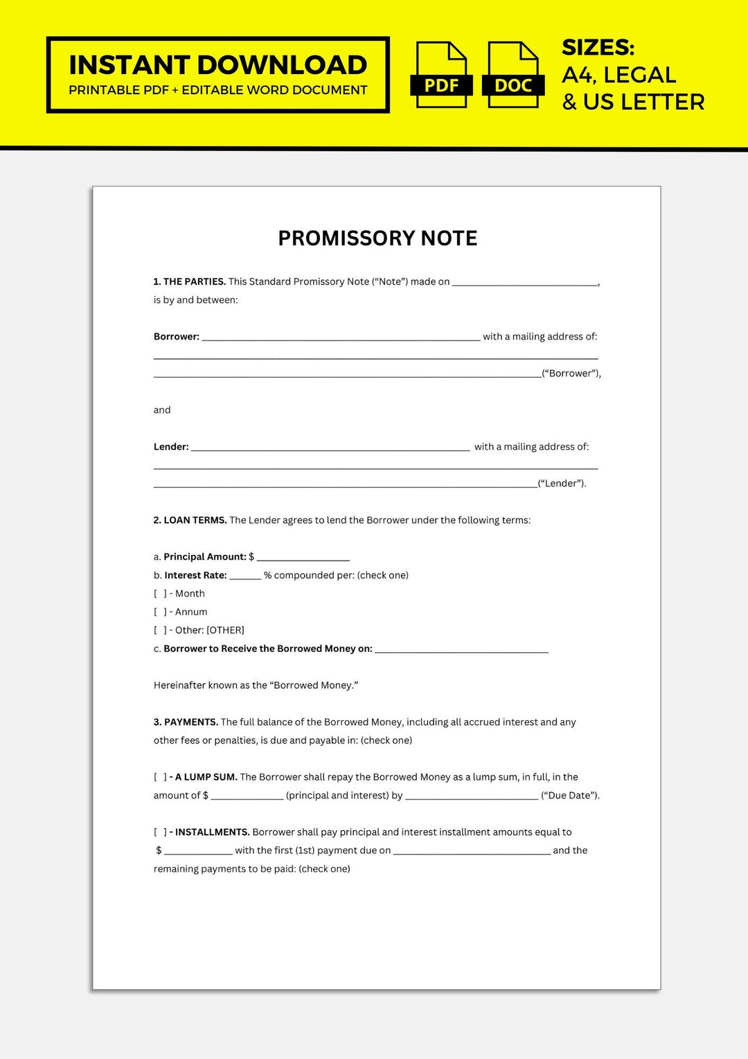 Promissory Note Promissory Note Template Etsy