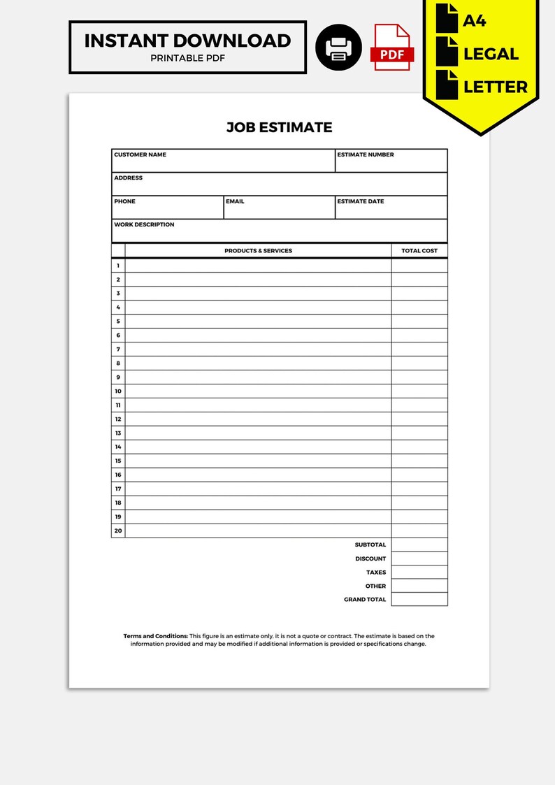 Job Estimate Template Printable Job Estimate Template - Etsy