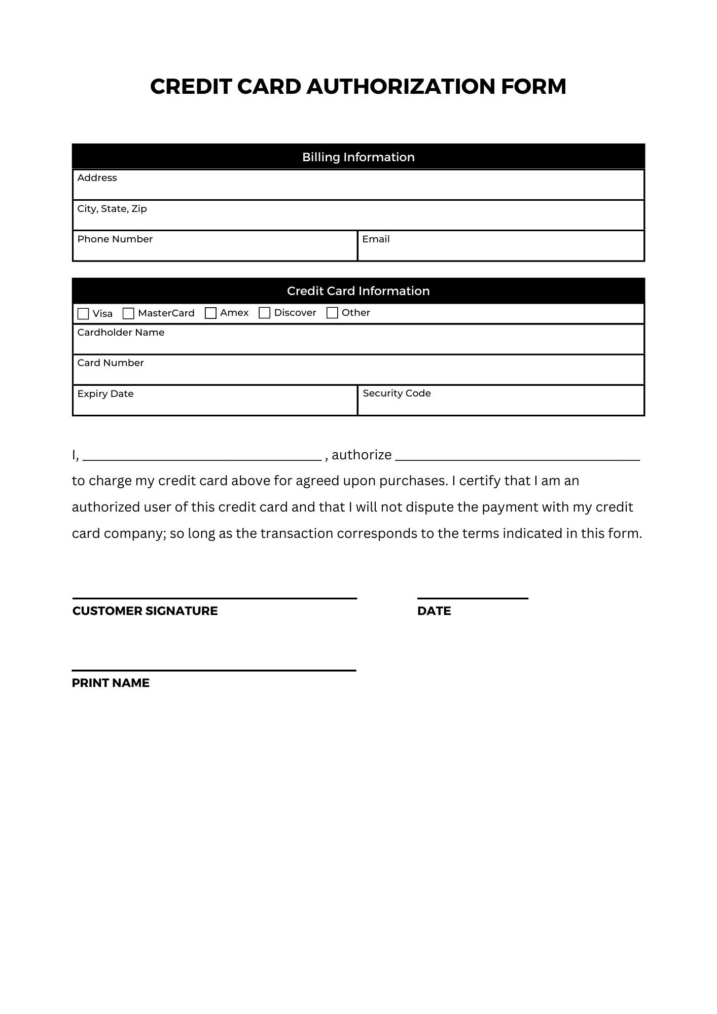 Credit Card Authorization Form, Credit Card Authorization - Etsy