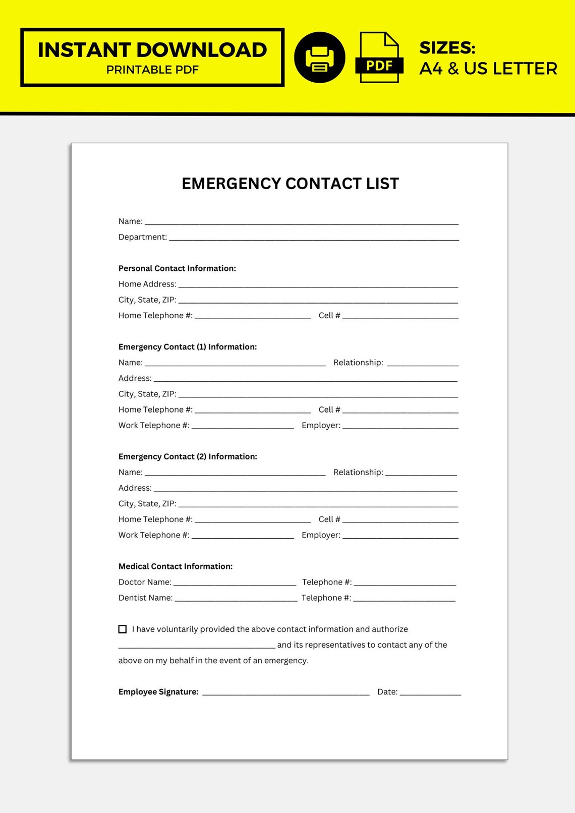 Emergency Contact List, Emergency Contact List Template - Etsy