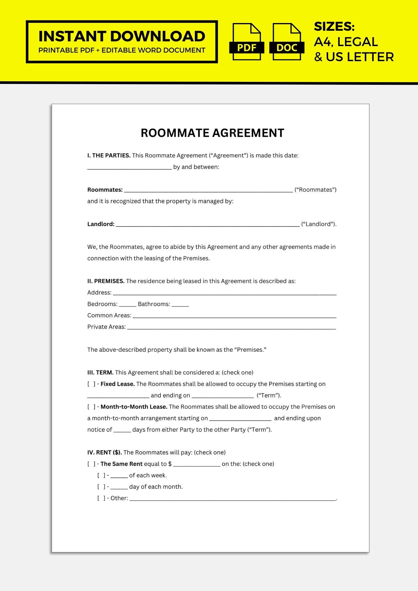 Roommate Agreement, Roommate Contract - Etsy