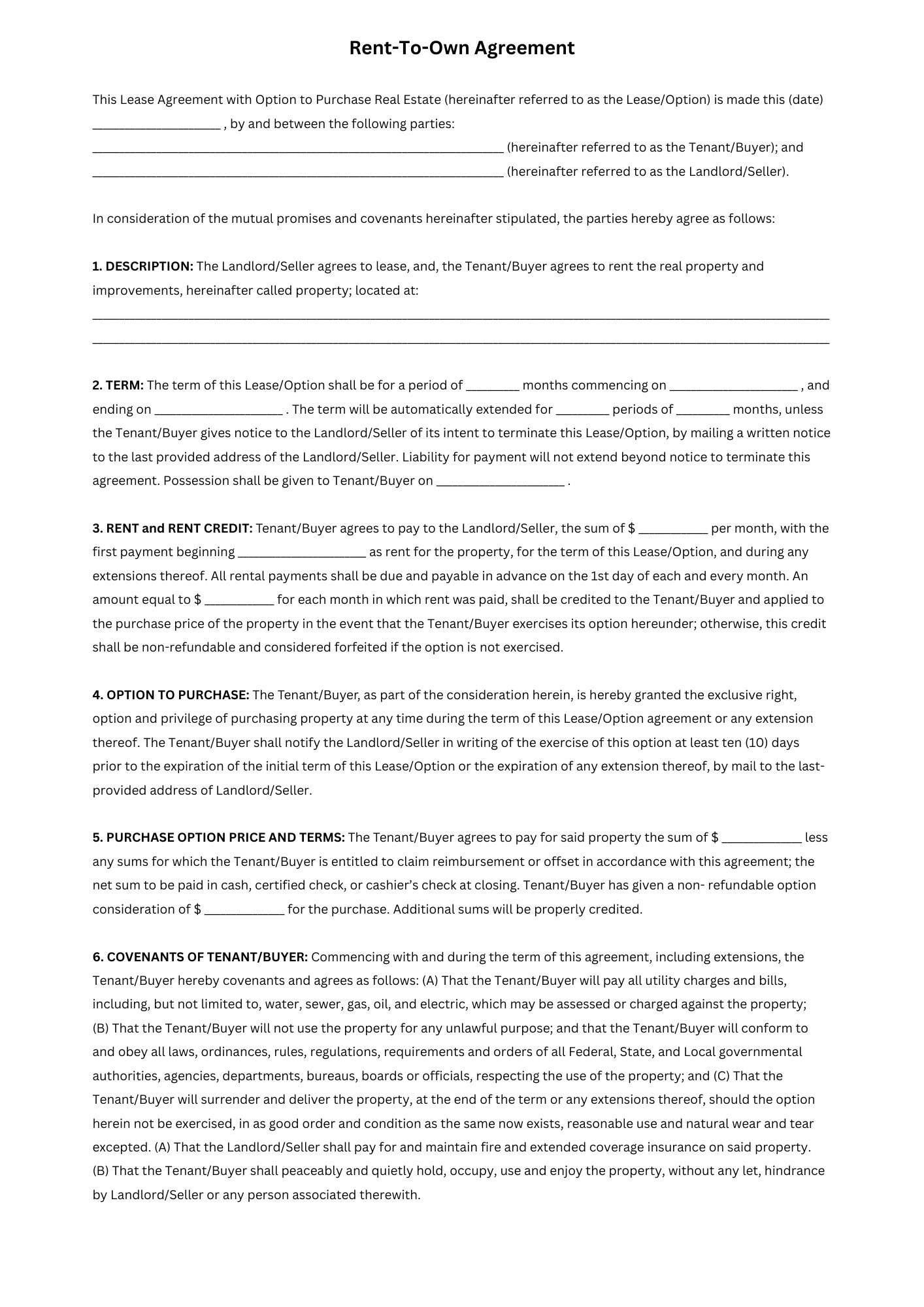 Rent to Own Agreement, Lease to Own Agreement - Etsy