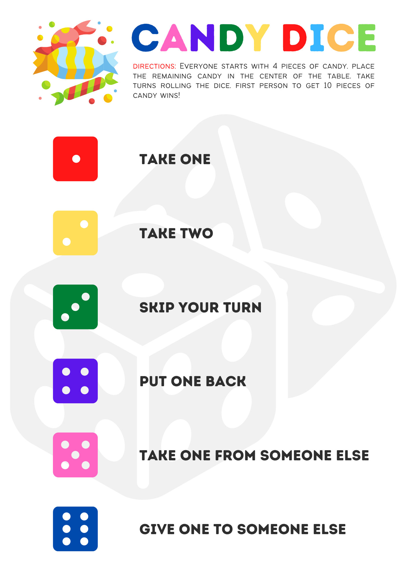 Candy Dice, Candy Dice Game, Kids Party Games, Party Games for Kids ...