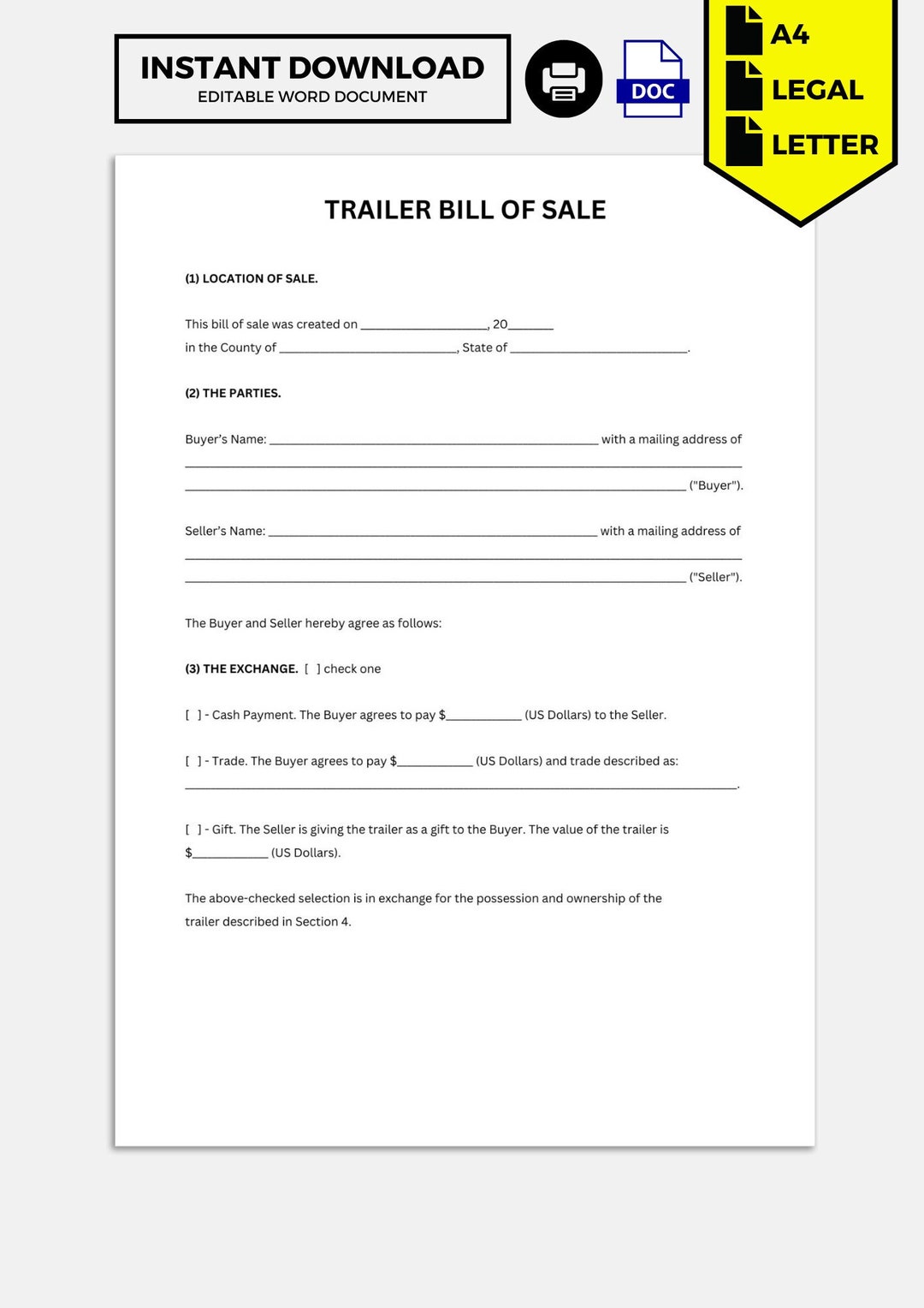 Trailer Bill of Sale Trailer Bill of Sale Template - Etsy Canada